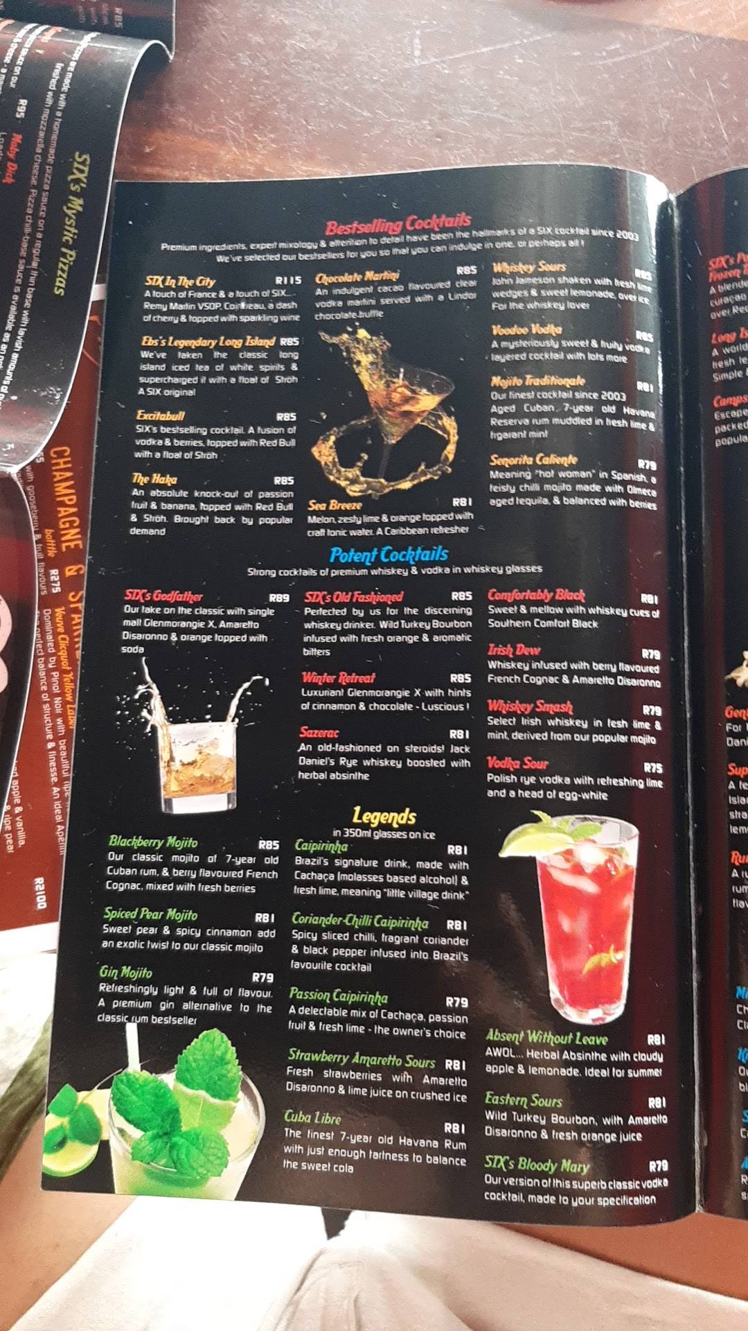 Menu at Six Cocktail Bar, Johannesburg
