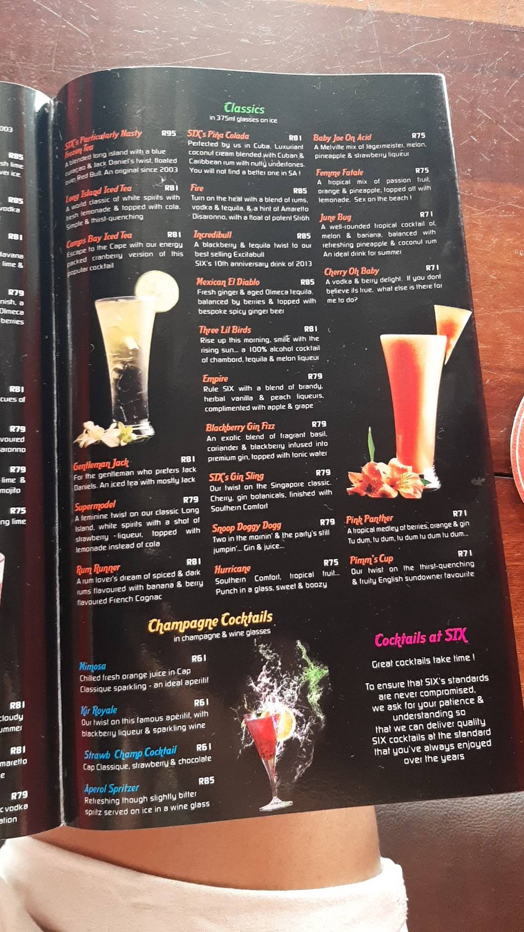 Menu at Six Cocktail Bar, Johannesburg