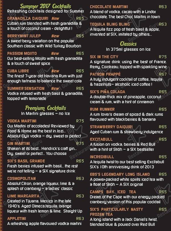 Menu at Six Cocktail Bar, Johannesburg