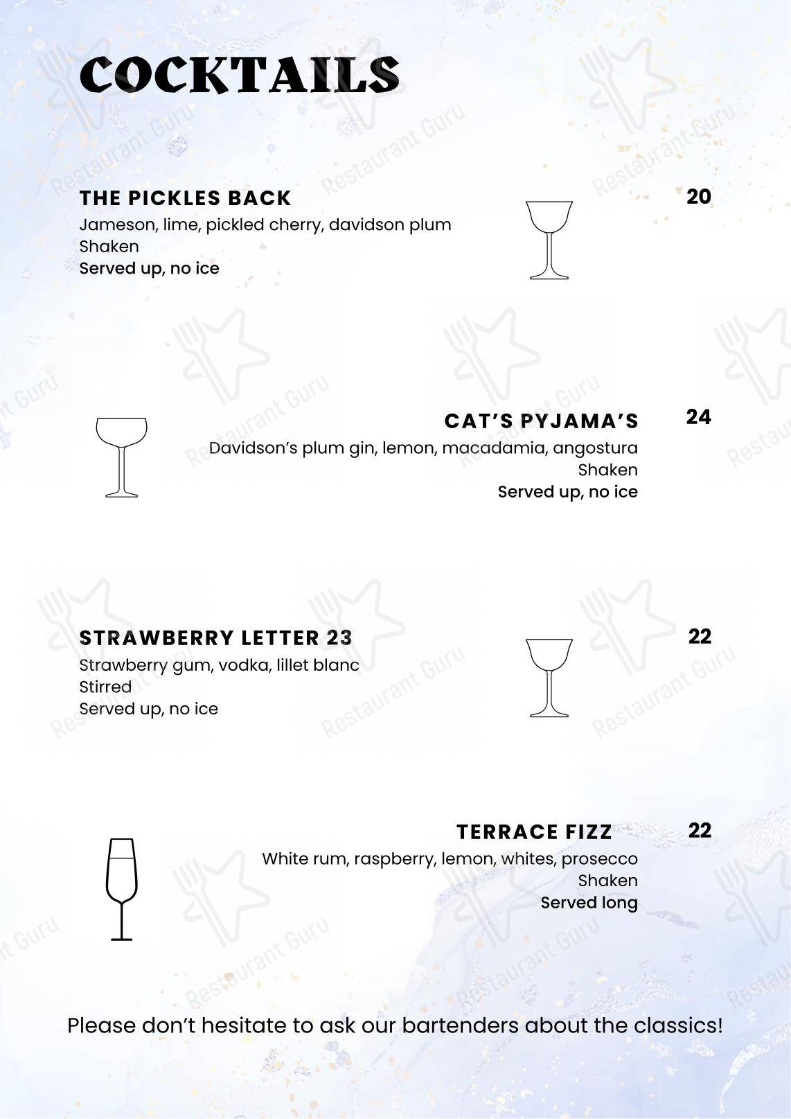 Carta del pub y bar Sixty Cats, Perth