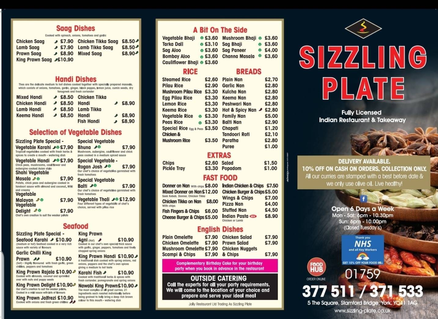 Menu at Sizzling Plate restaurant, Stamford Bridge