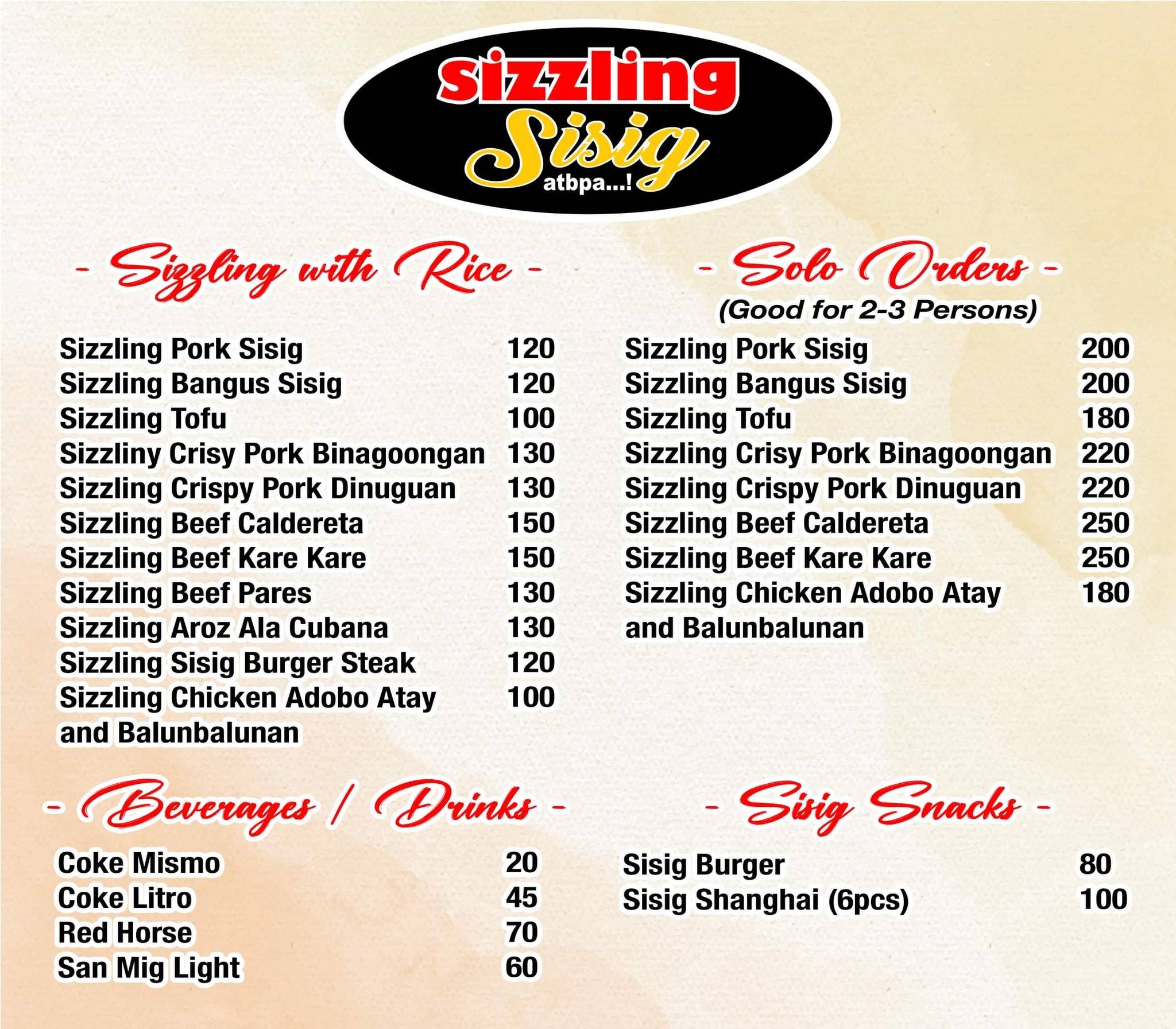 Menu at Sizzling sisig atbpa Santiago restaurant, Tabuk