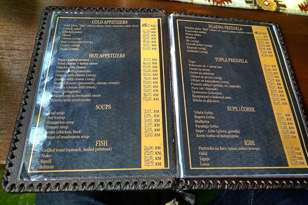 Menu at Sjaj restaurant, Sarajevo