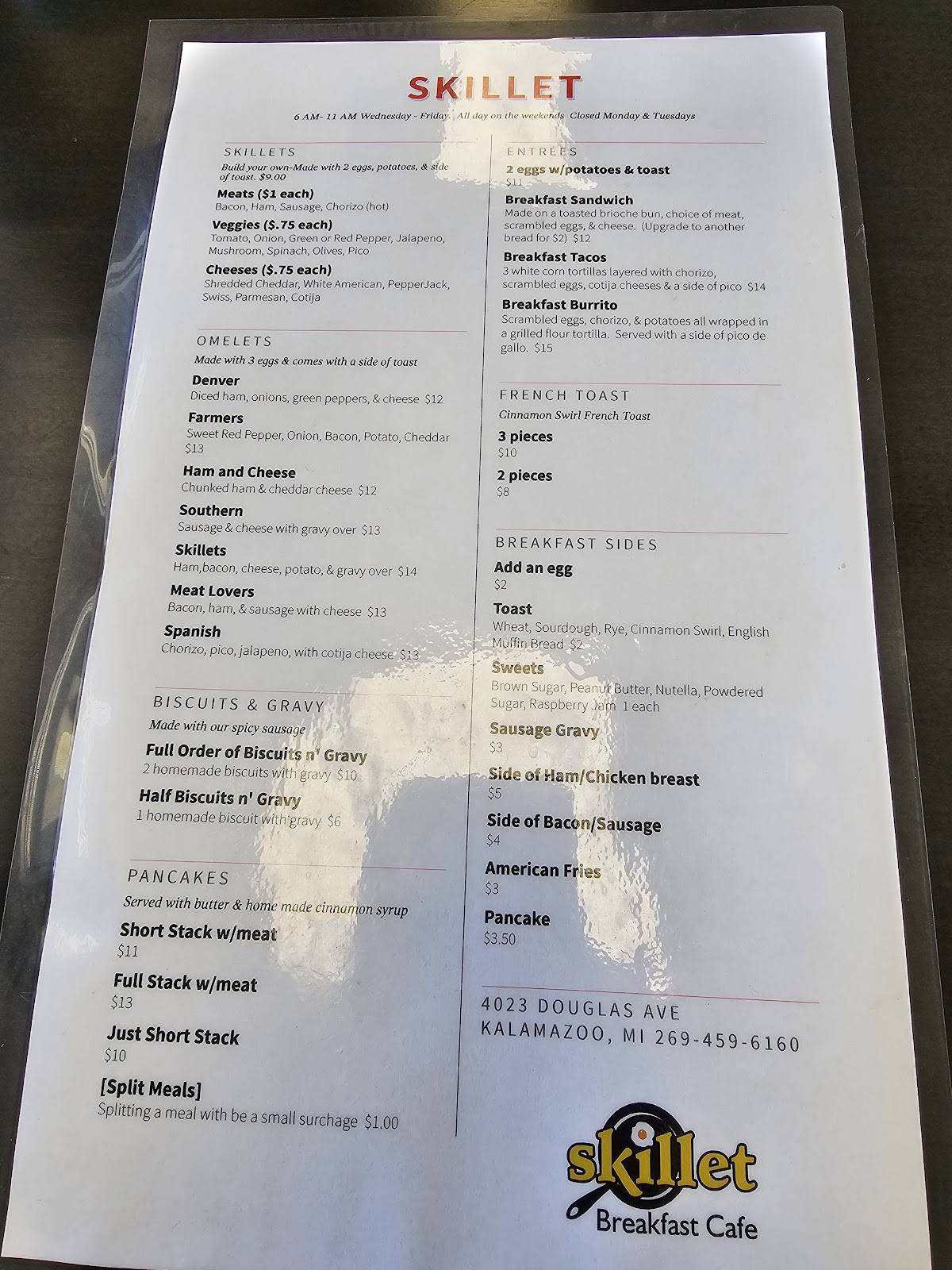 Menu at Skillet cafe, Kalamazoo