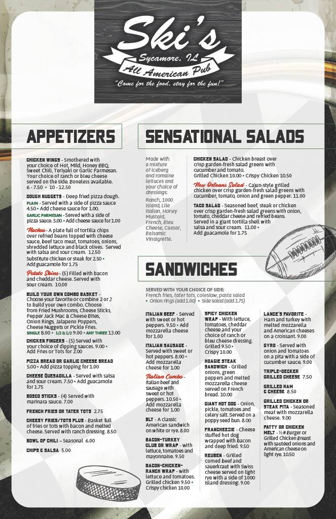 Menu at Ski's All American Pub, Sycamore