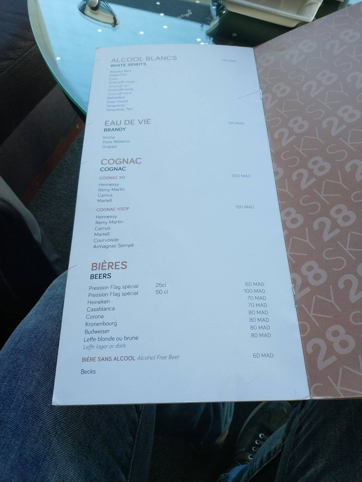 Menu au Sky 28 restaurant, Casablanca