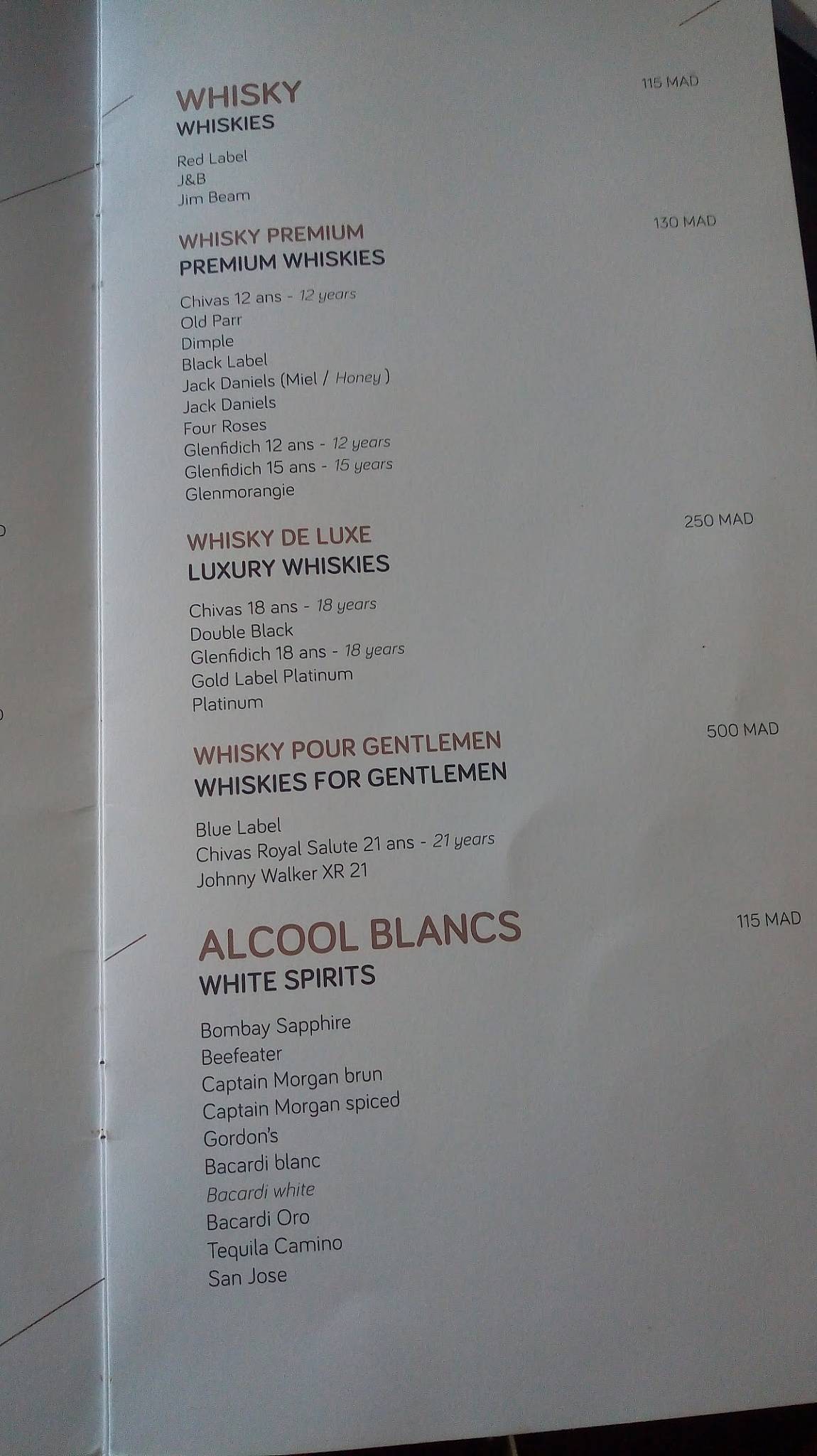 Menu au Sky 28 restaurant, Casablanca