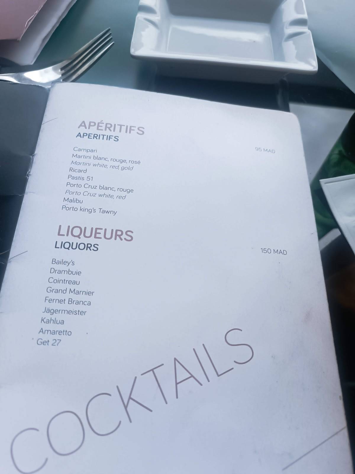 Menu au Sky 28 pub et bar, Casablanca