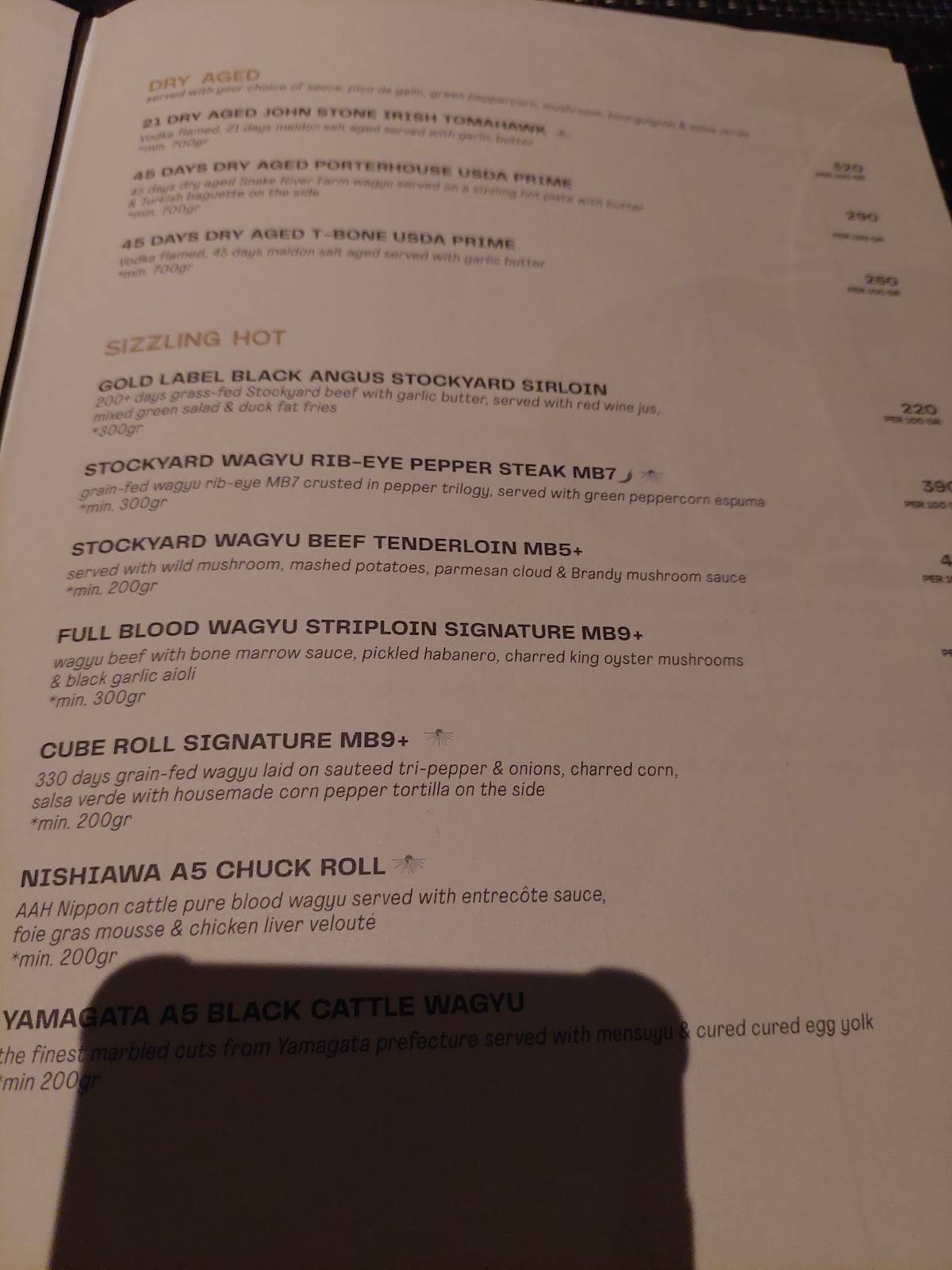 Menu at Skye restaurant, Jakarta
