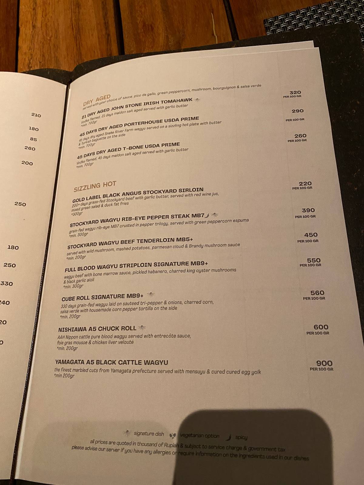 Menu at Skye restaurant, Jakarta