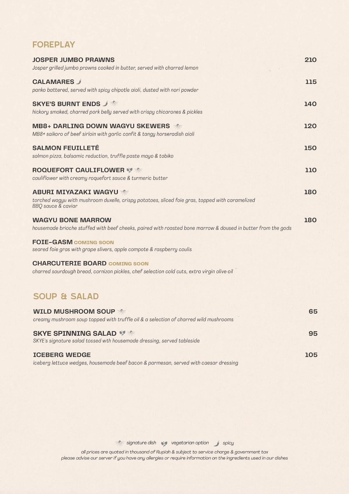 Menu at Skye restaurant, Jakarta