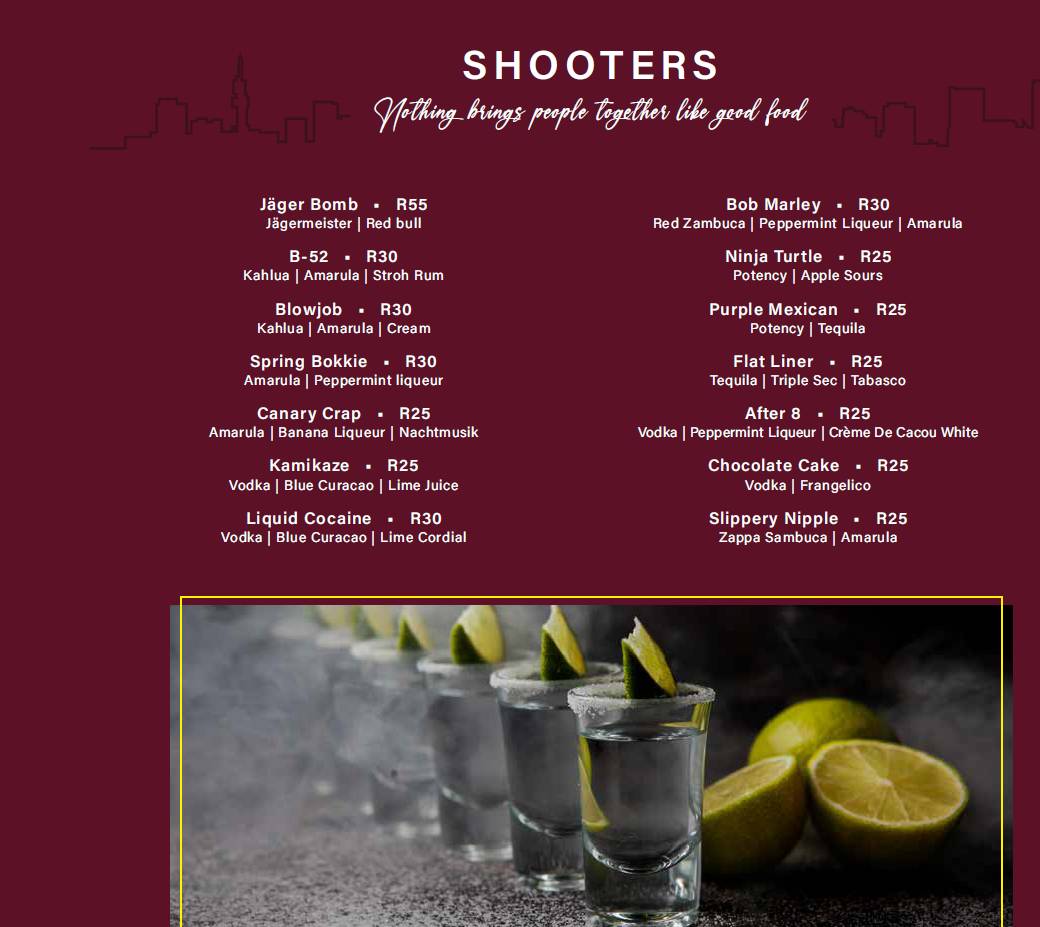 Menu at Skyline Rooftop Restaurant, Bar and Lounge, Pretoria
