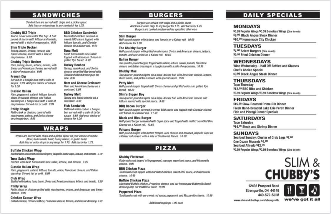Menu at Slim & Chubby's Strongsville pub & bar, Strongsville, Prospect Rd