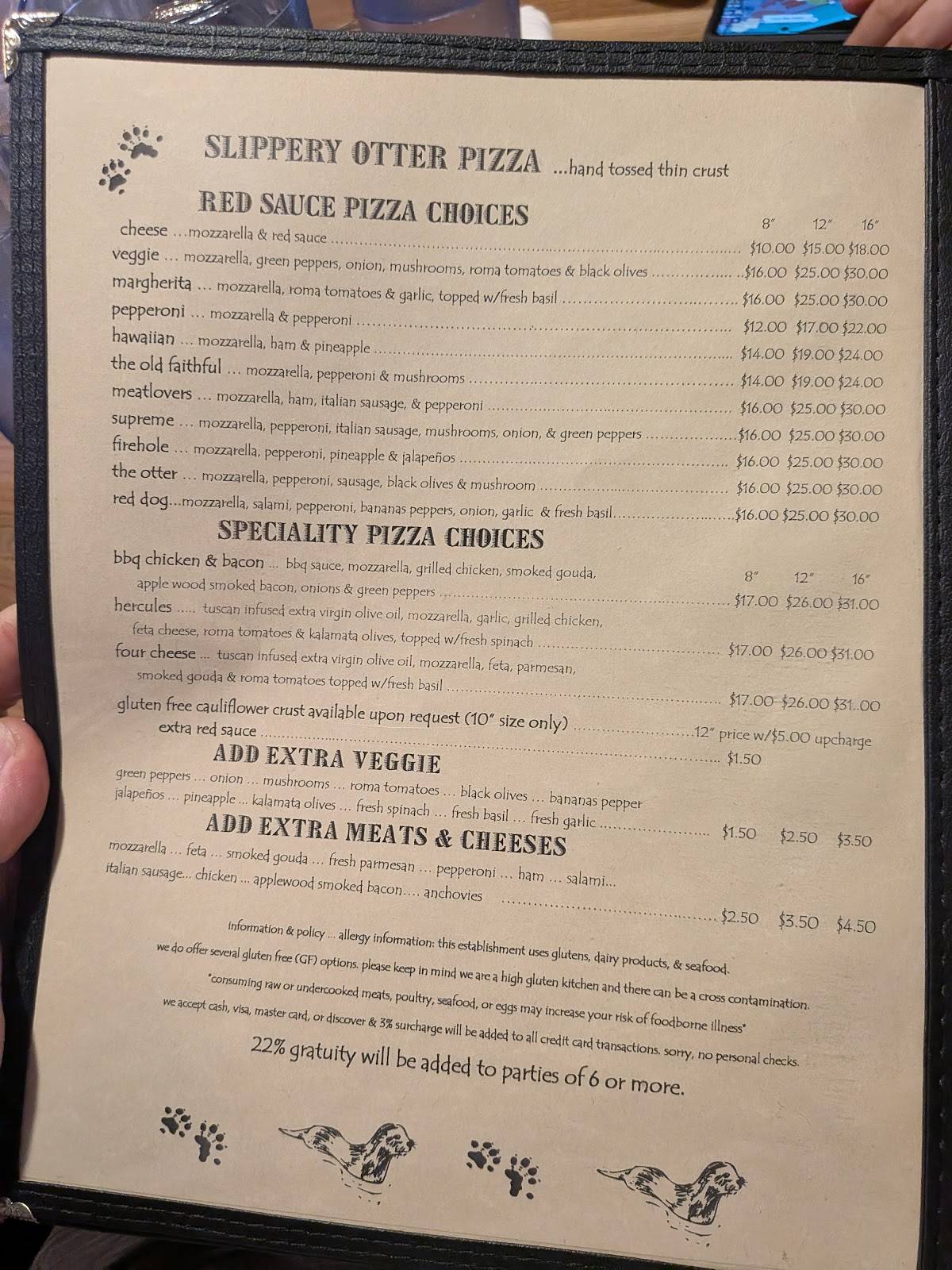 Menu at Slippery Otter Pub, West Yellowstone, 139 N Canyon St