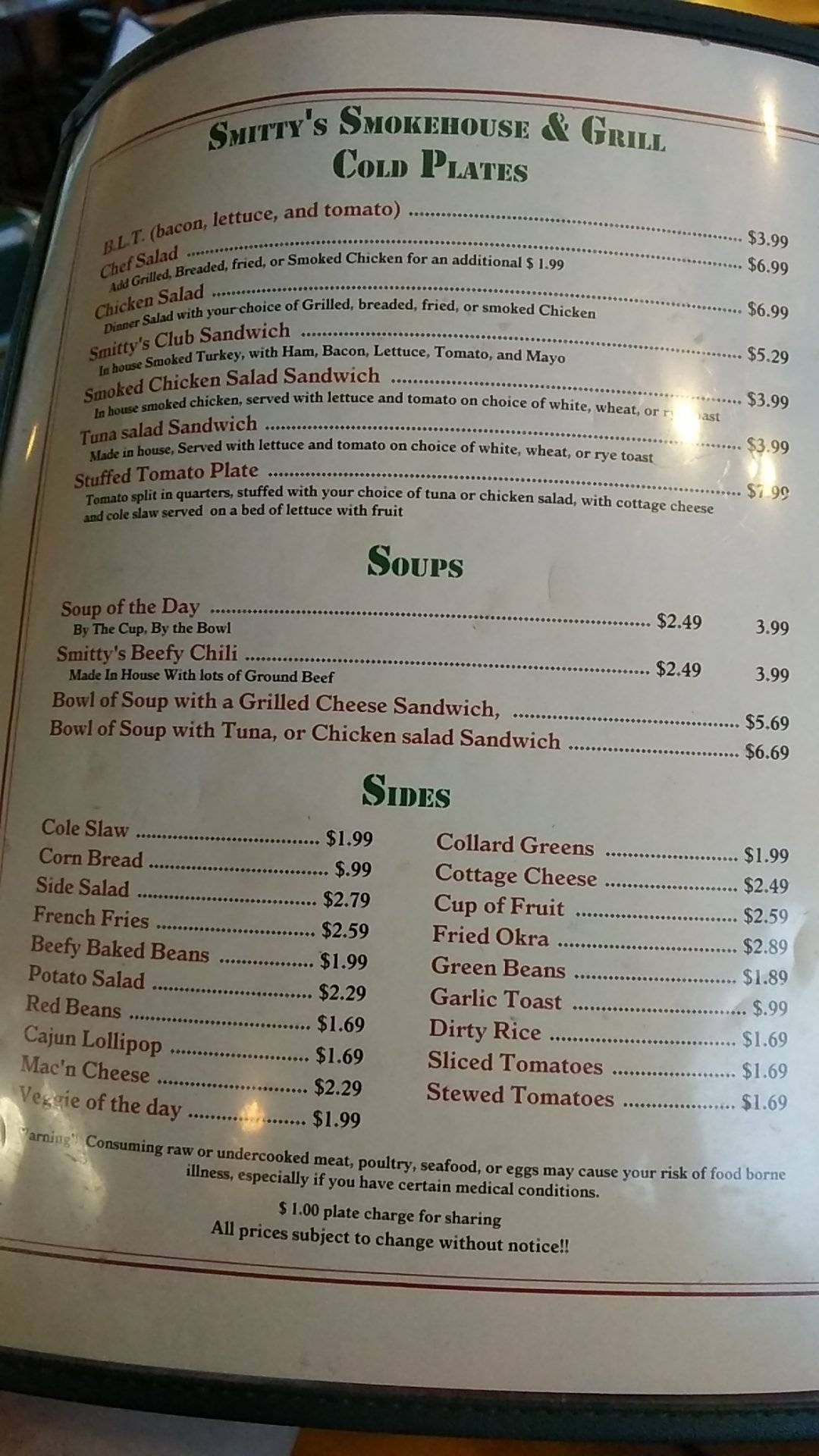 Menu at Smitty's Smokehouse & Grill BBQ, Dade City, US-301