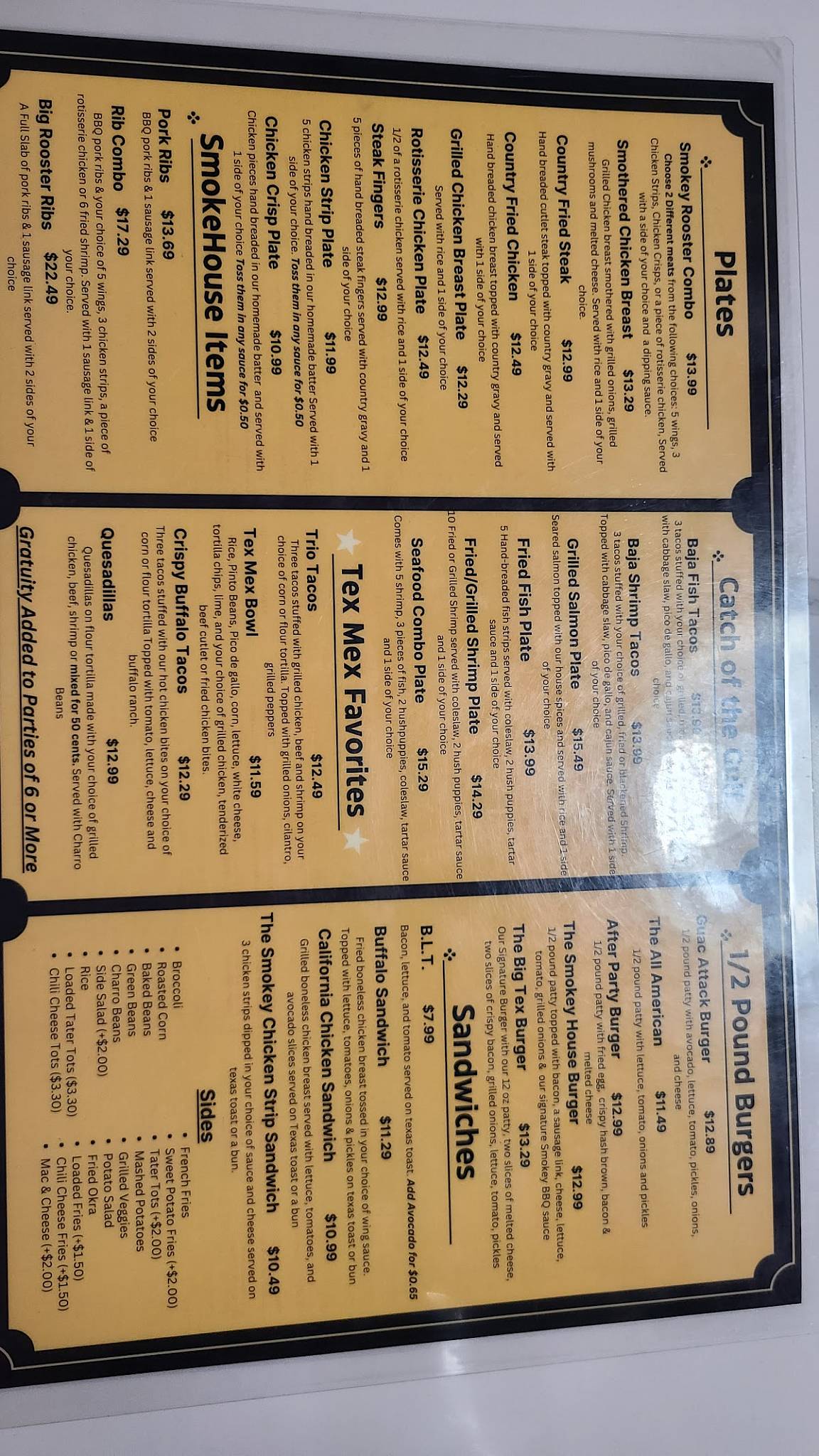 Menu at Smokey Rooster bar and grill, Corpus Christi