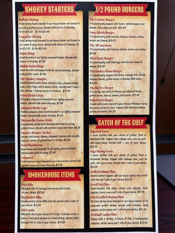 Menu at Smokey Rooster bar and grill, Corpus Christi