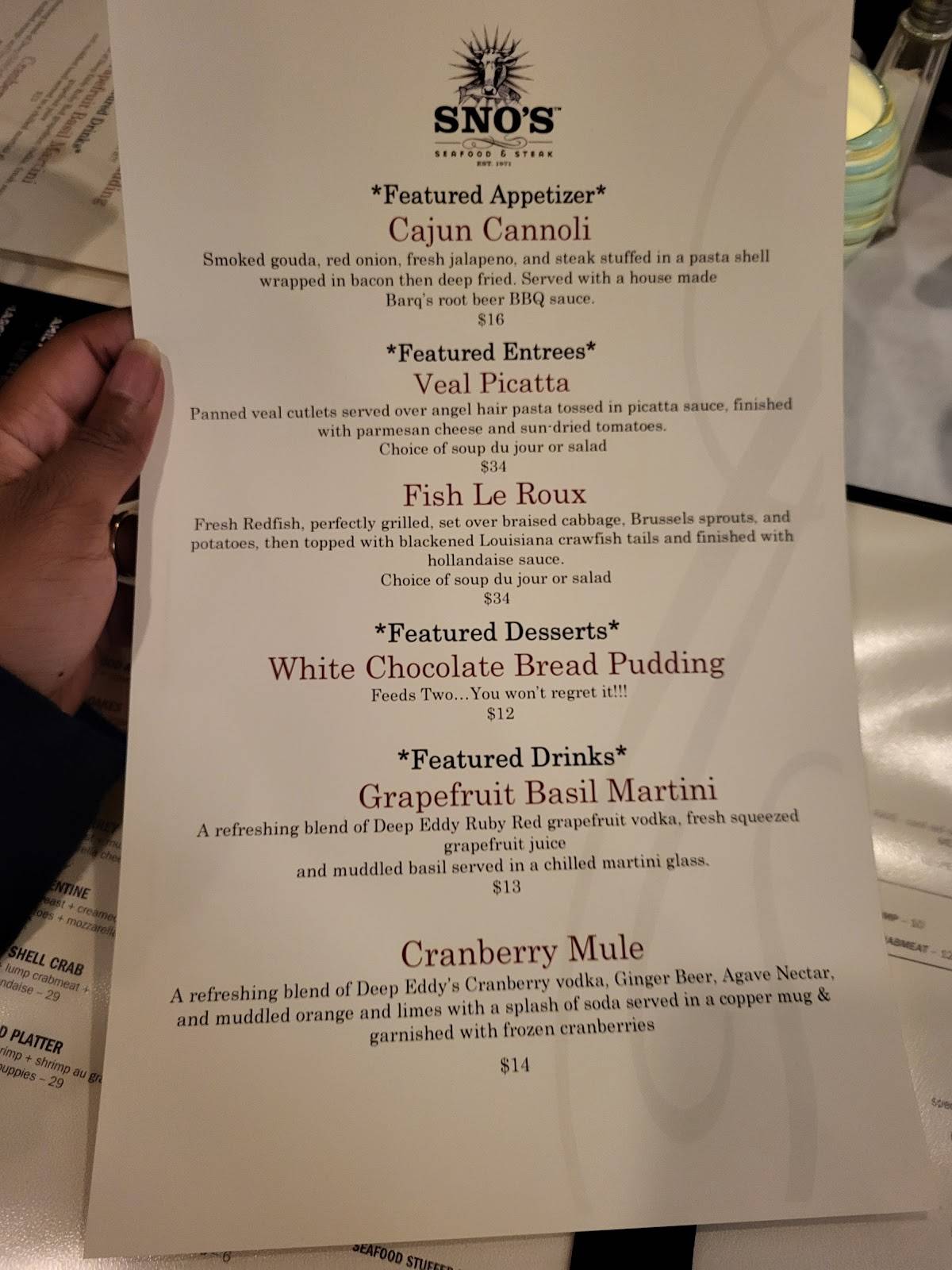 Menu at Sno's Seafood & Steak steakhouse, Gonzales
