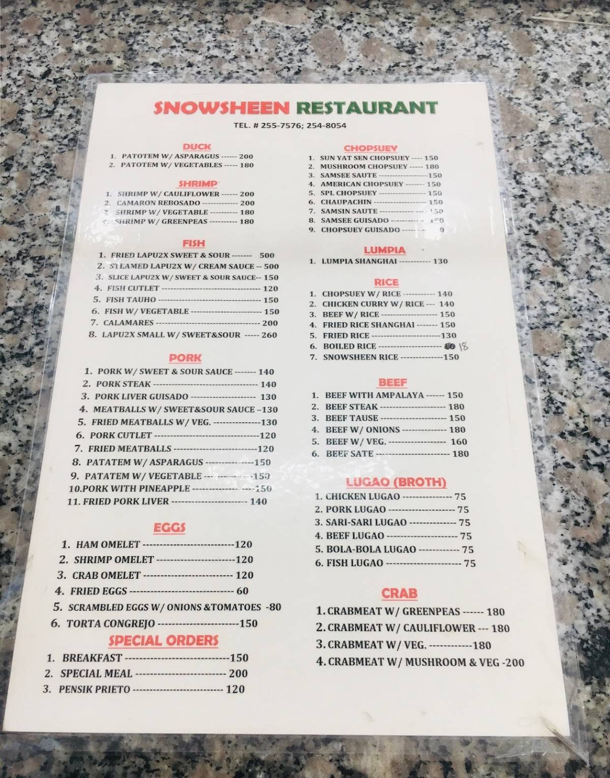 Menu at Snowsheen Restaurant, Cebu City