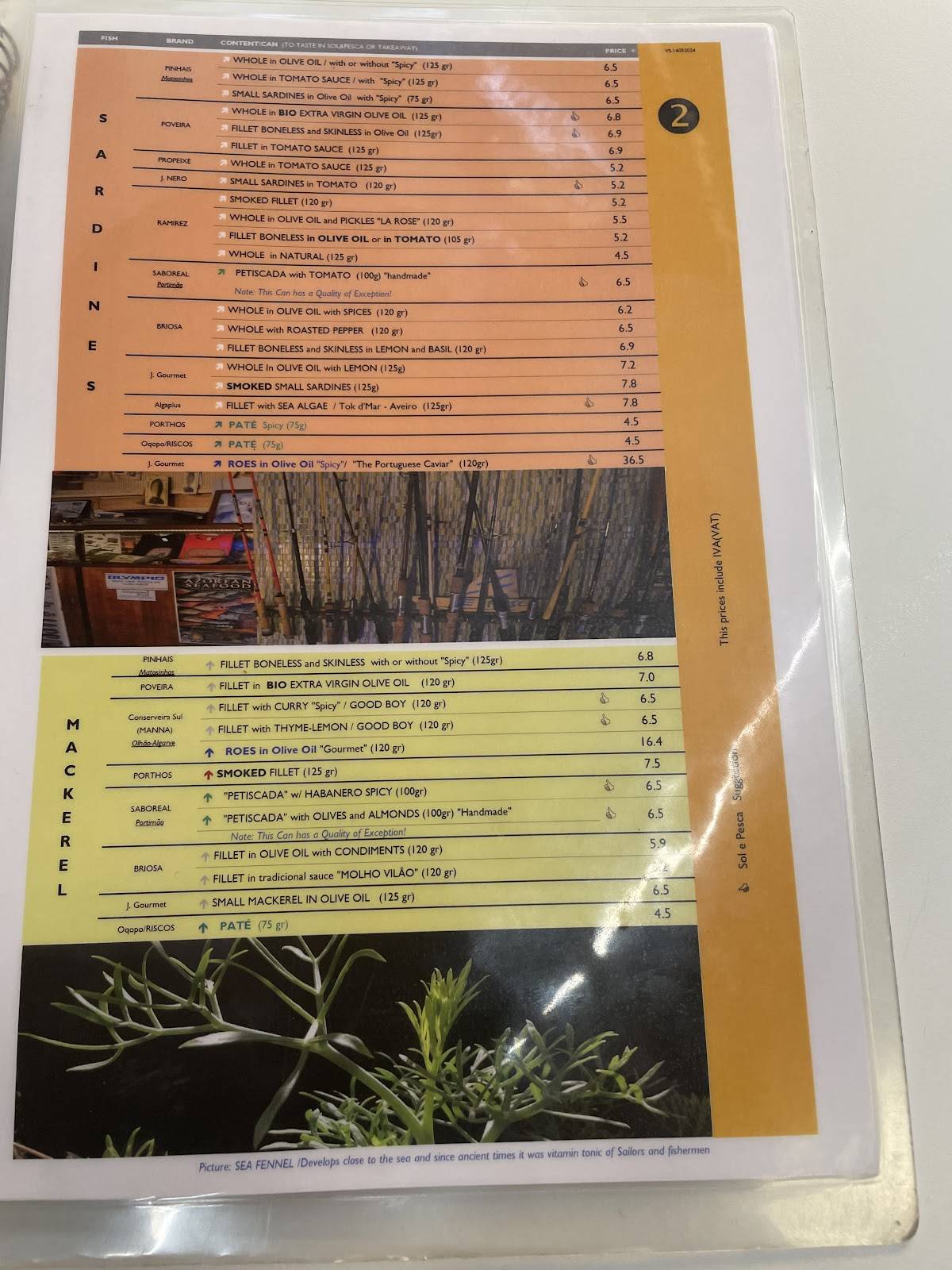 Menu at Sol e Pesca restaurant, Lisbon