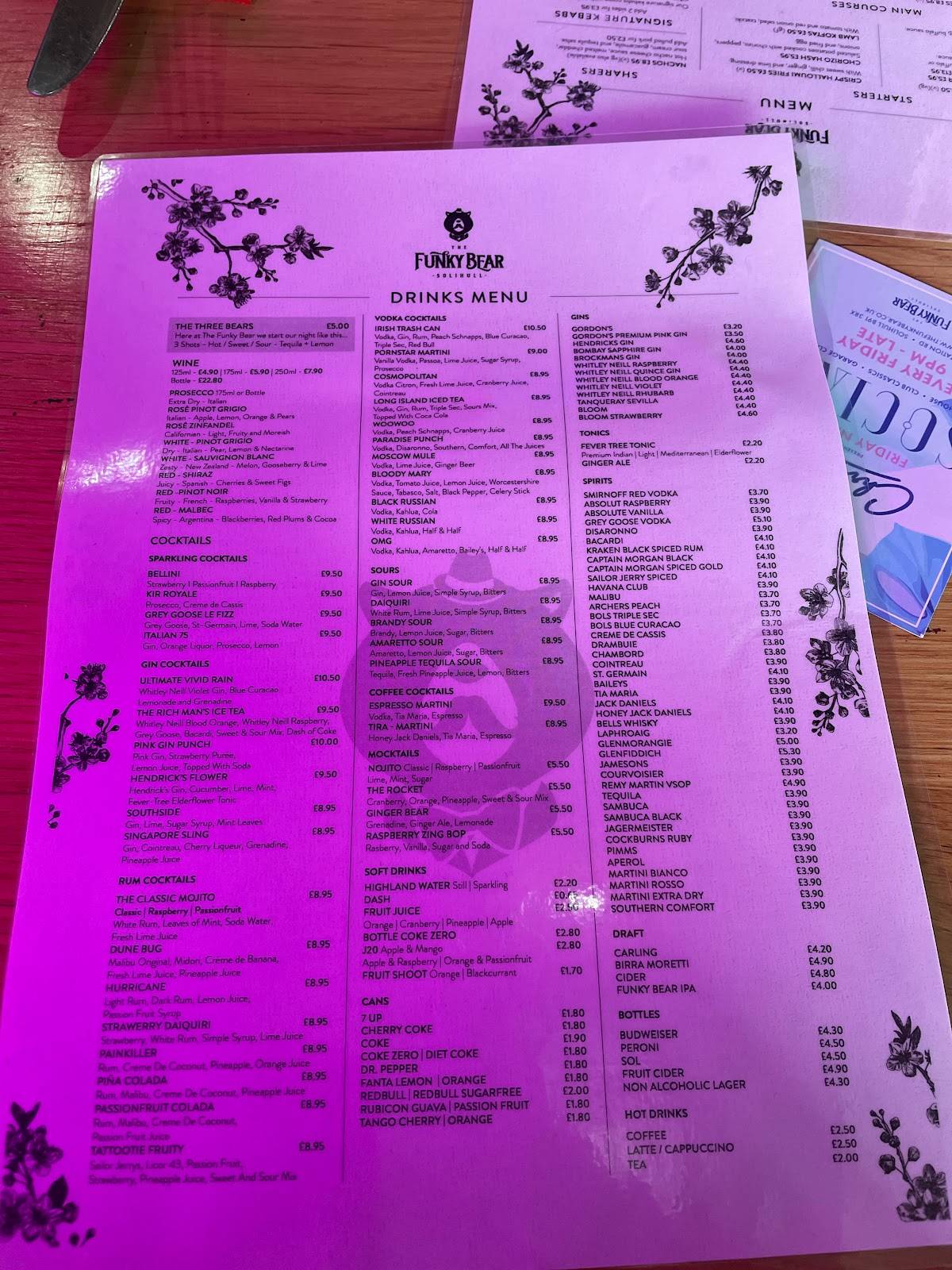 Menu at The Funky Bear pub & bar, Solihull