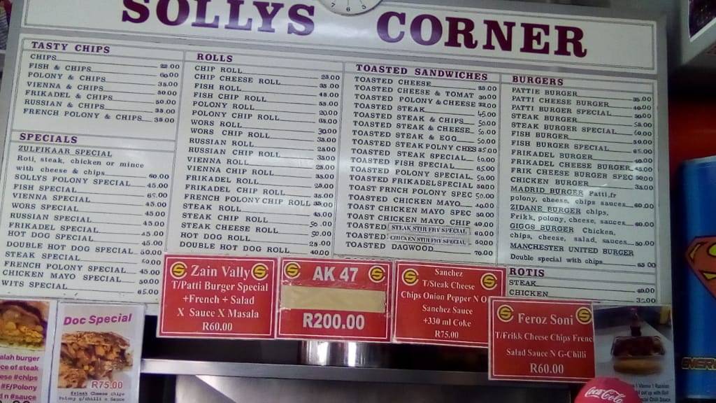 Menu at Sollys Corner restaurant, Johannesburg