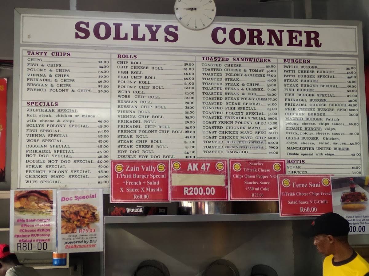 Menu at Sollys Corner restaurant, Johannesburg