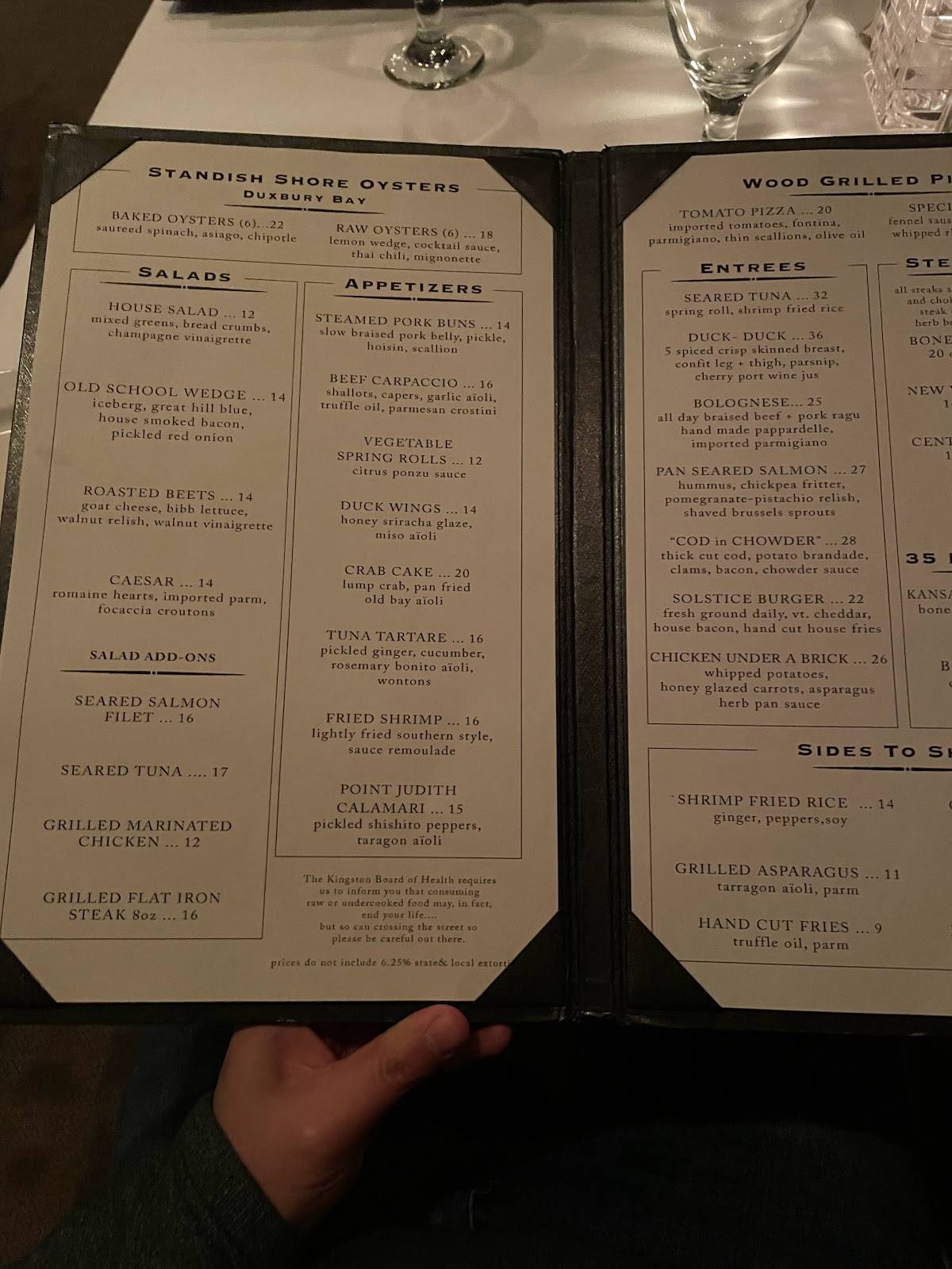 Menu at Solstice restaurant, Kingston
