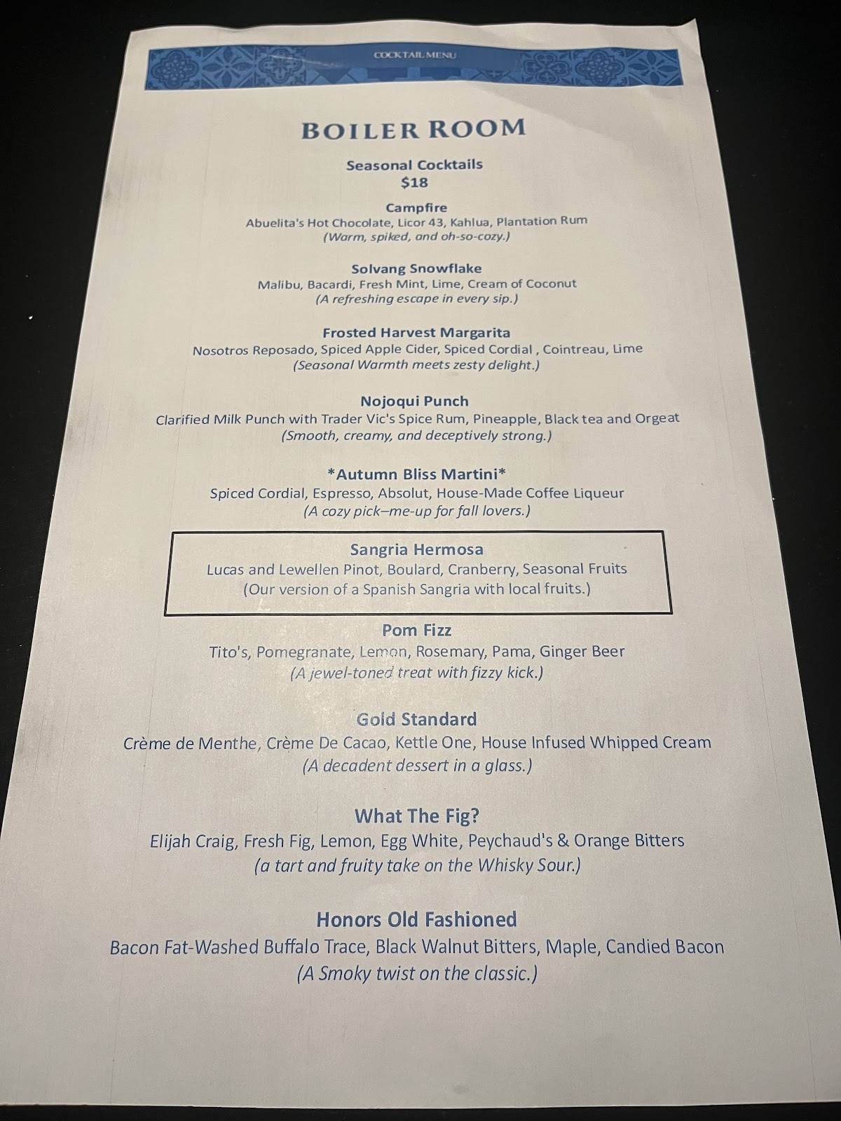 Menu at Boiler Room pub & bar, Solvang