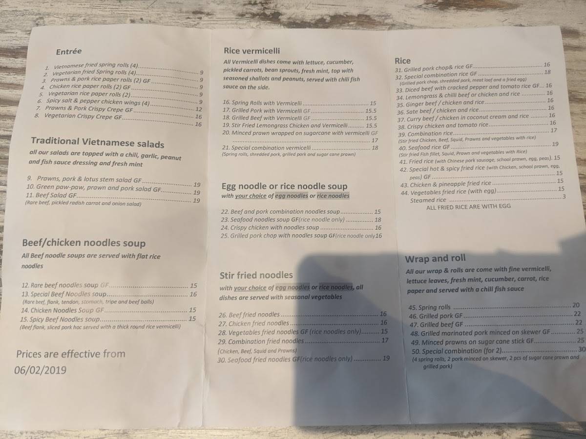 Menu at Song Nhi Vietnamese Restaurant, St Leonards