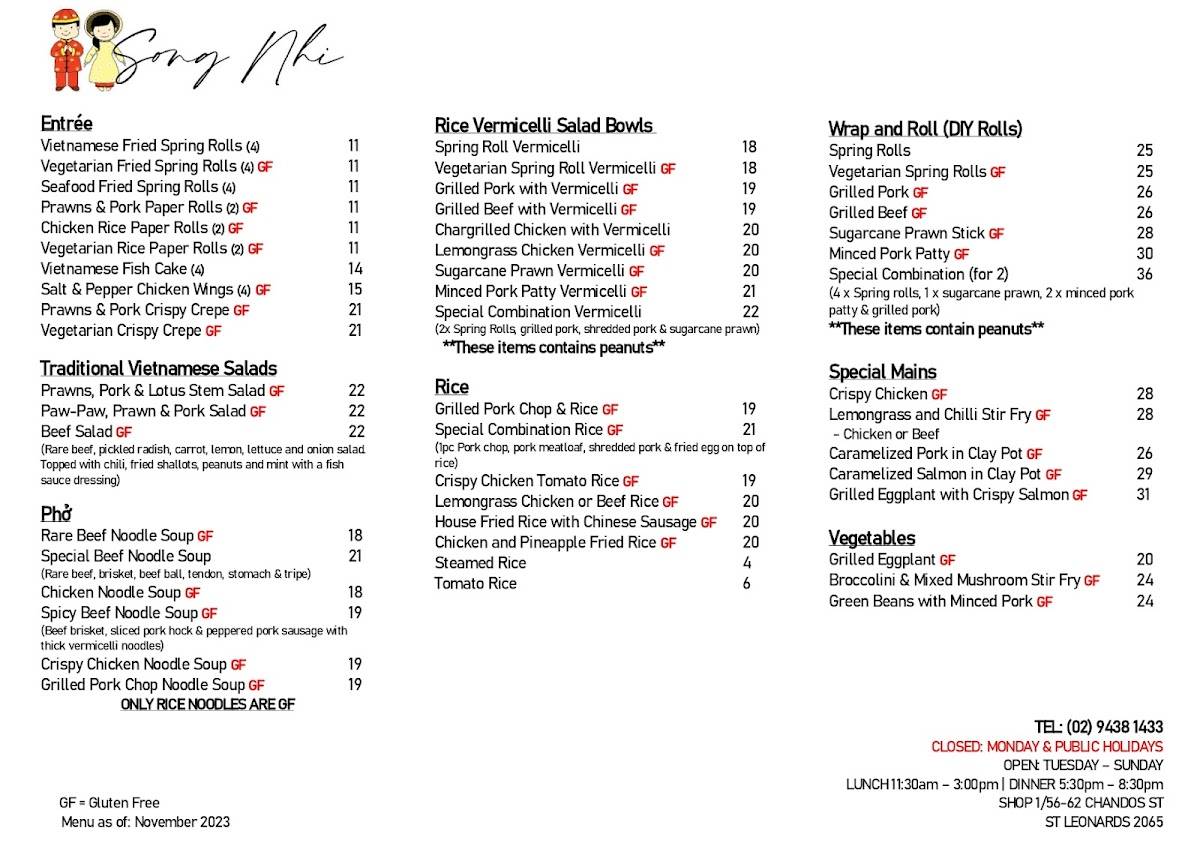 Menu at Song Nhi Vietnamese Restaurant, St Leonards