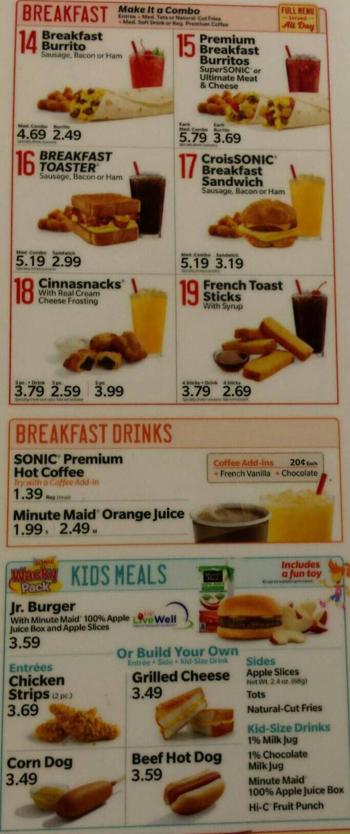 Menu at Sonic Drive-In fast food, Picayune, Hwy 11 N