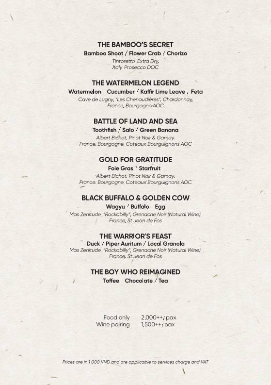 Menu at Sóno restaurant, Ho Chi Minh City