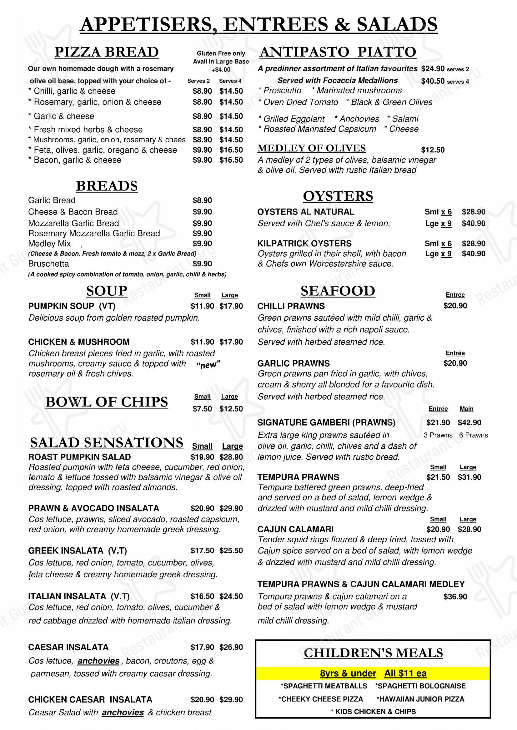 Menu at Sorbellos Italian Restaurant, Mackay, 166 Victoria Street