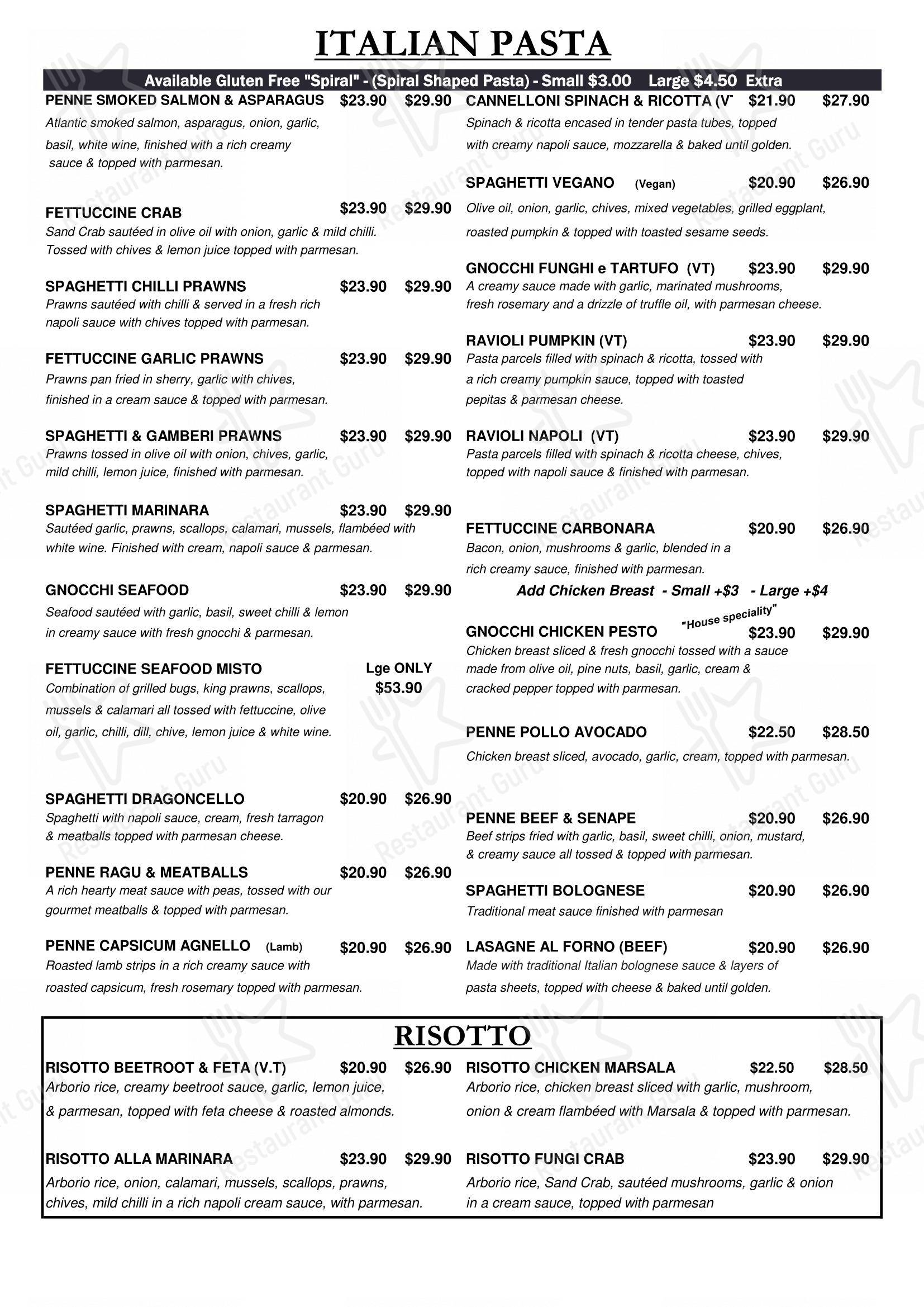 Menu at Sorbellos Italian Restaurant, Mackay, 166 Victoria Street