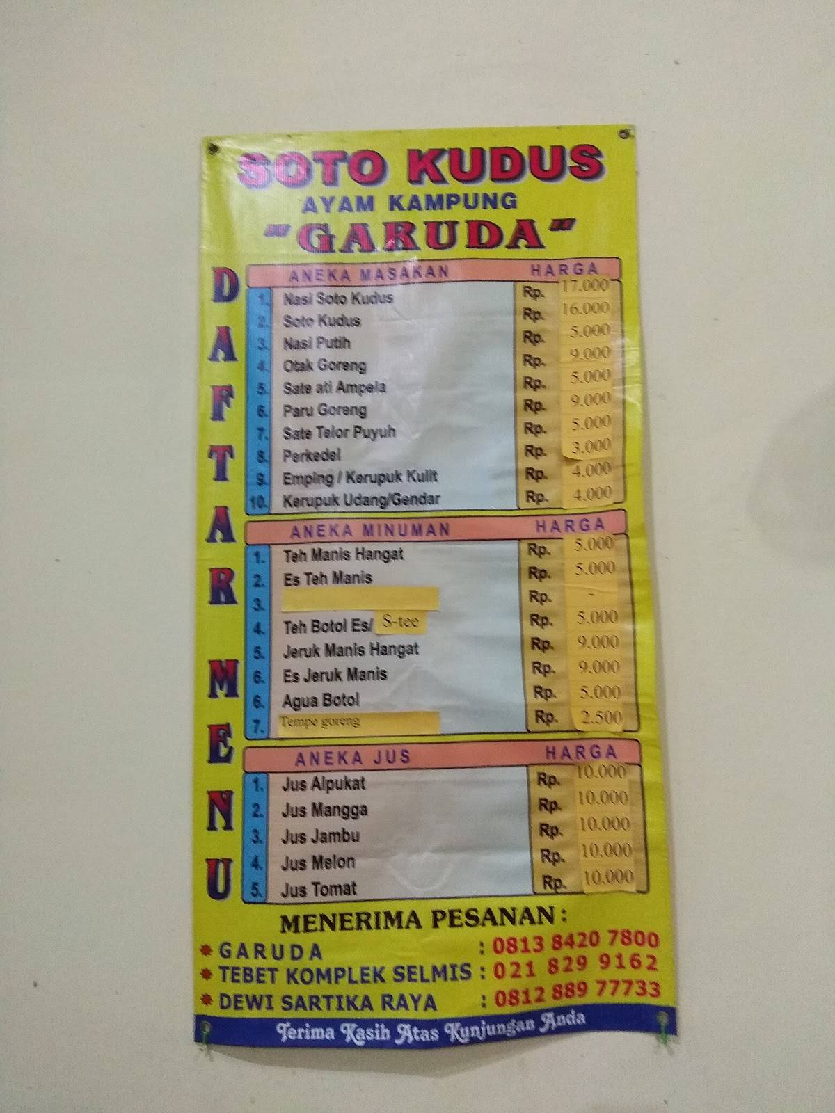Menu at Soto Kudus Garuda restaurant, East Jakarta, Jl. Dewi Sartika No.3
