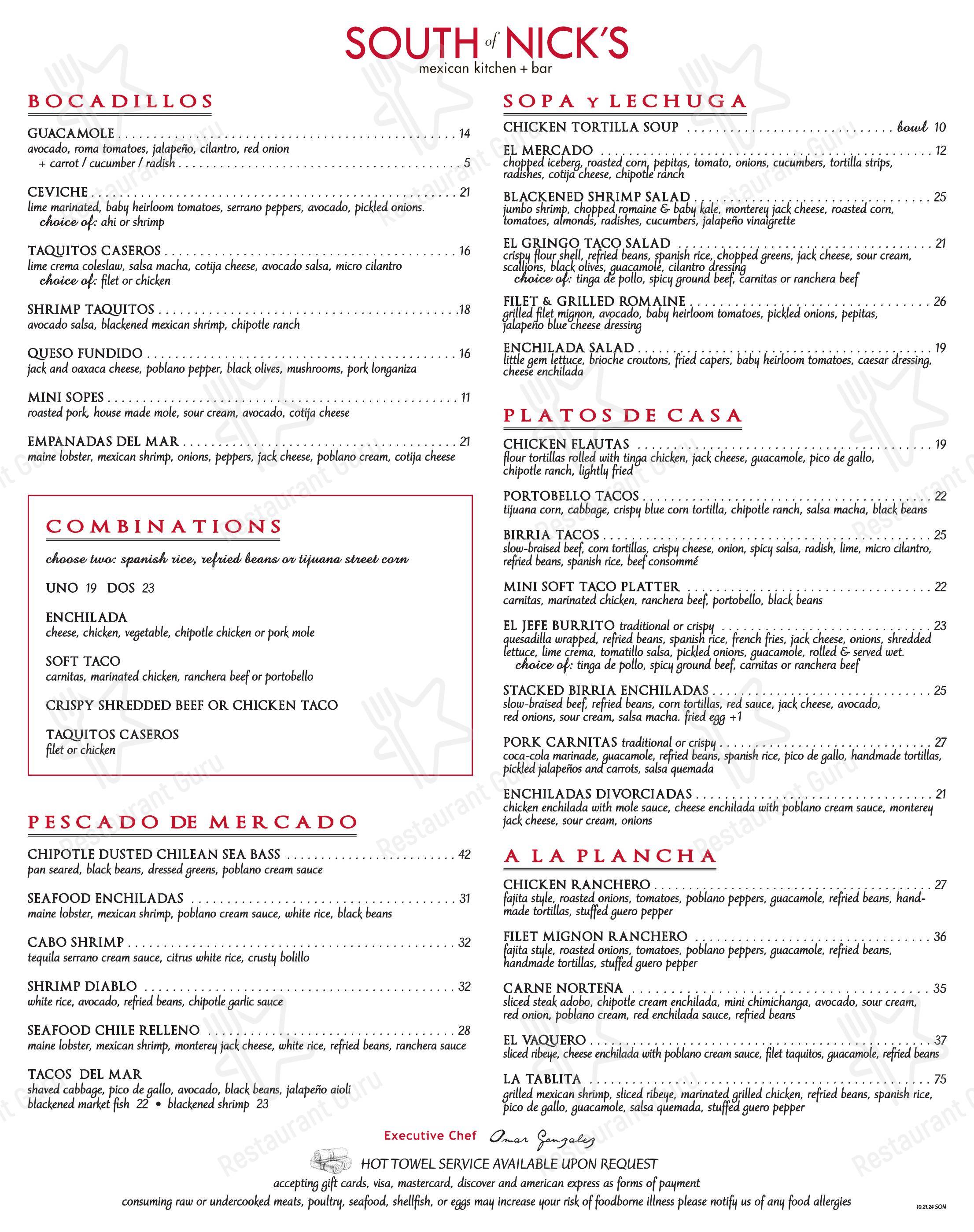 Menu at South of Nick's San Clemente Mexican Kitchen + Bar, San Clemente