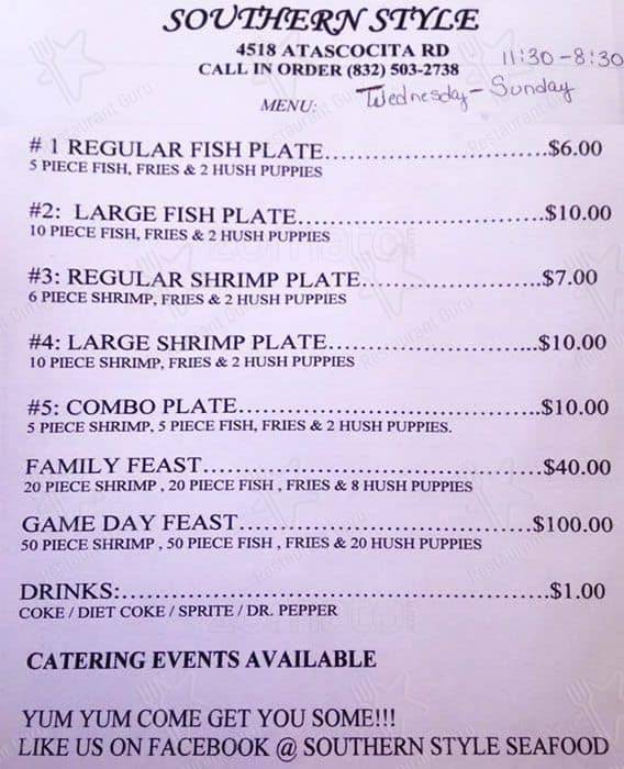 Menu at Southern Style Seafood Co., Houston, Atascocita Road