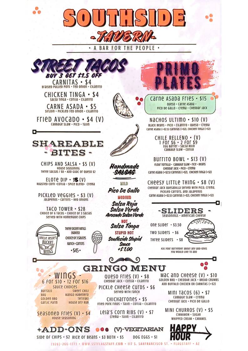 Menu at Southside Tavern pub & bar, Flagstaff