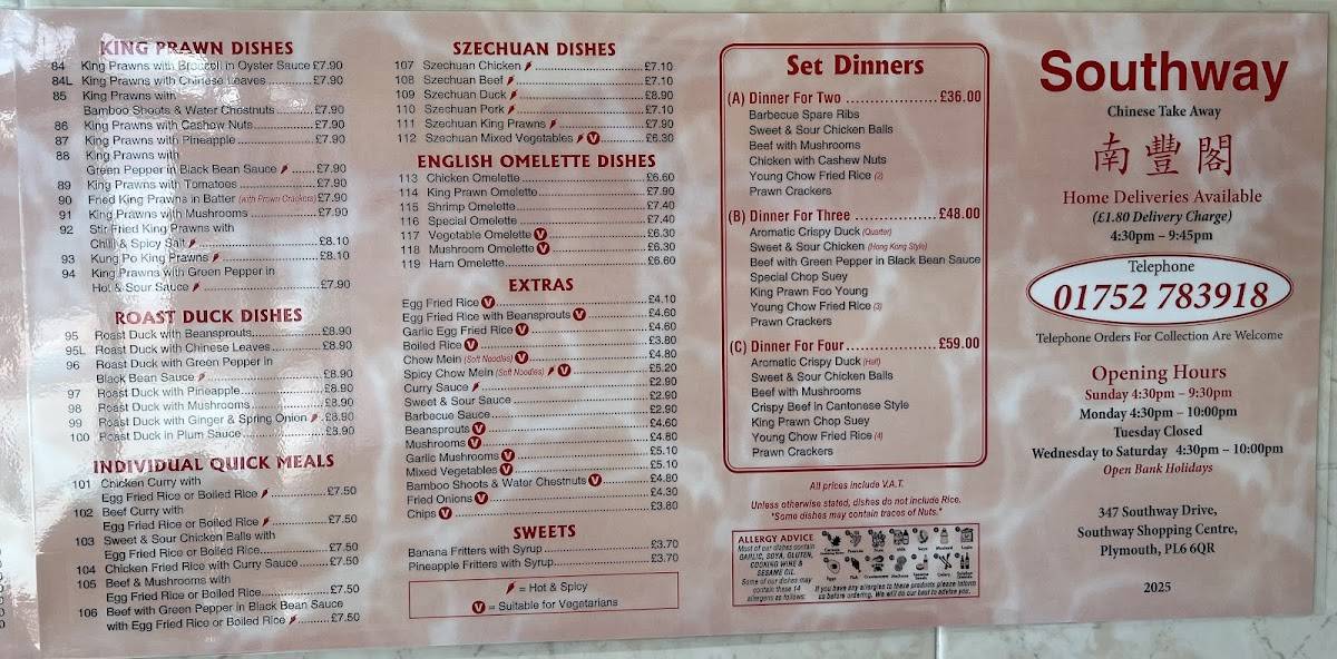 Menu at Southway Chinese Takeaway fast food, Plymouth, 347 Southway Dr