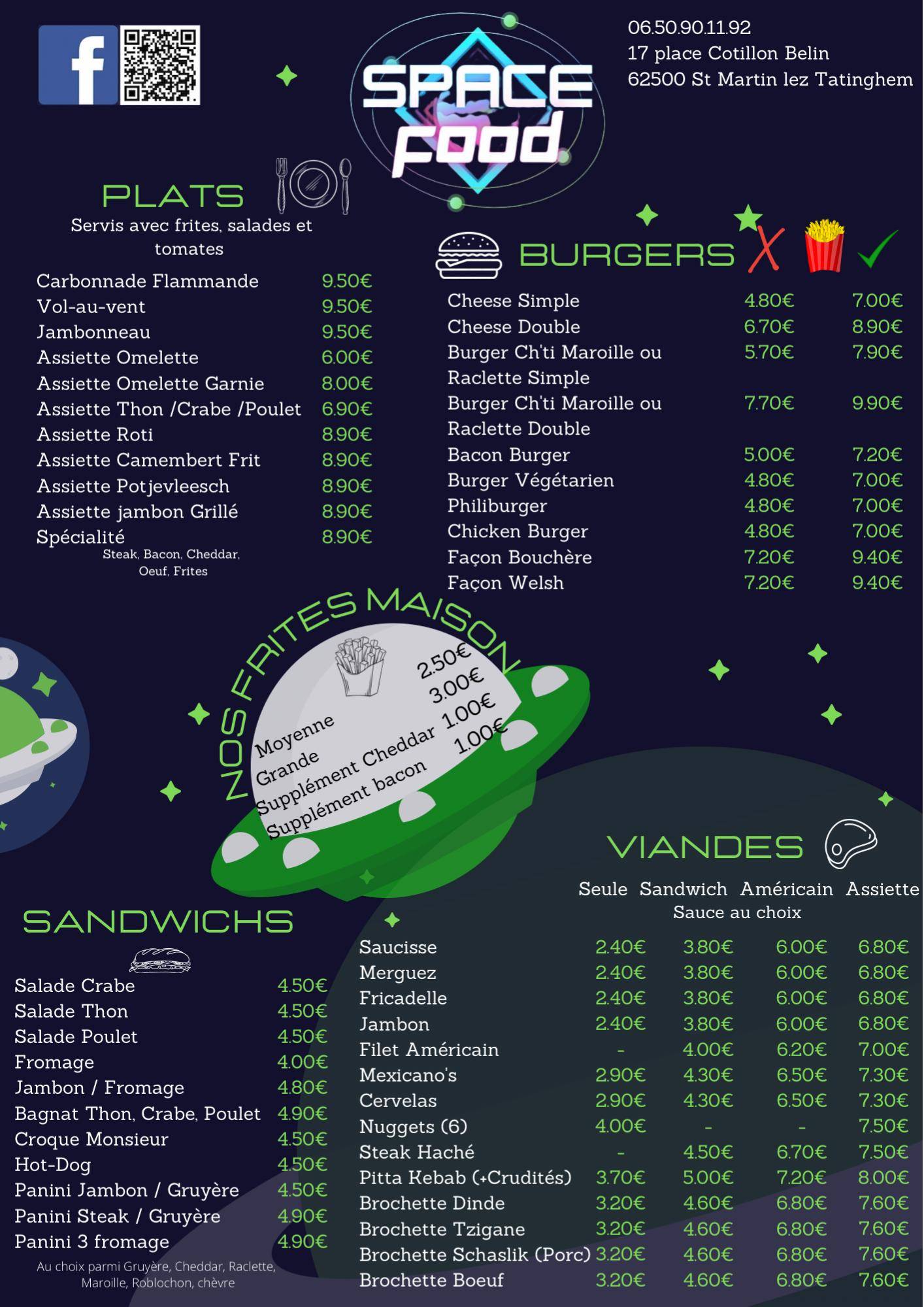 Menu au Space Food restaurant, Saint-Martin-au-Laërt