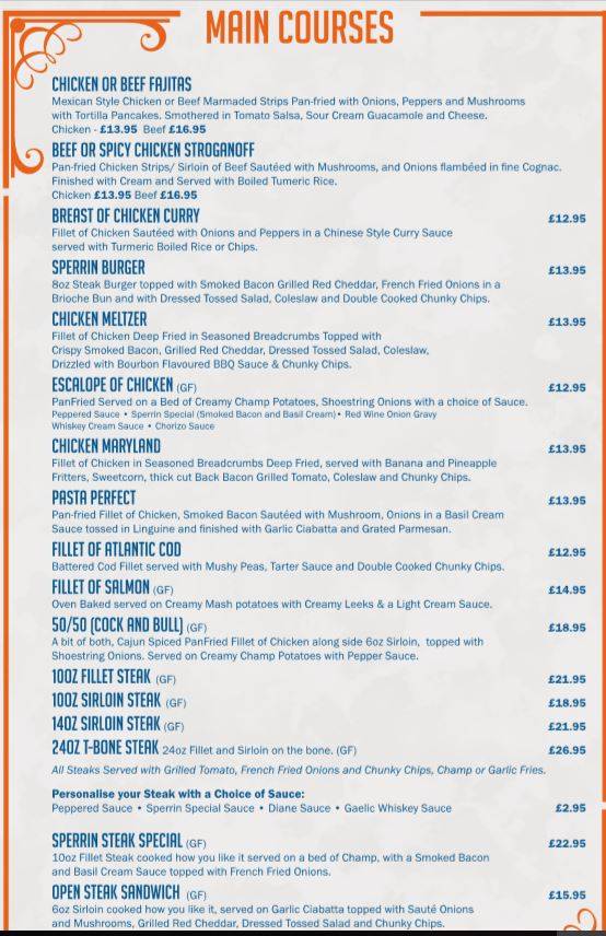 Menu at Sperrin Restaurant, Omagh