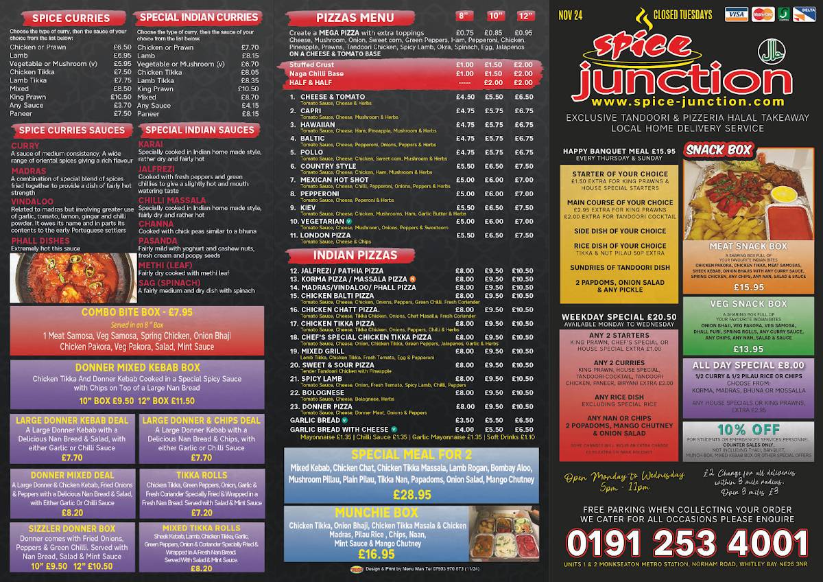 Menu at Spice Junction fast food, Whitley Bay, 2 Norham Rd