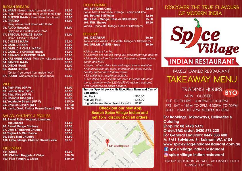 Menu at Spice Village Indian Restaurant, Belmont