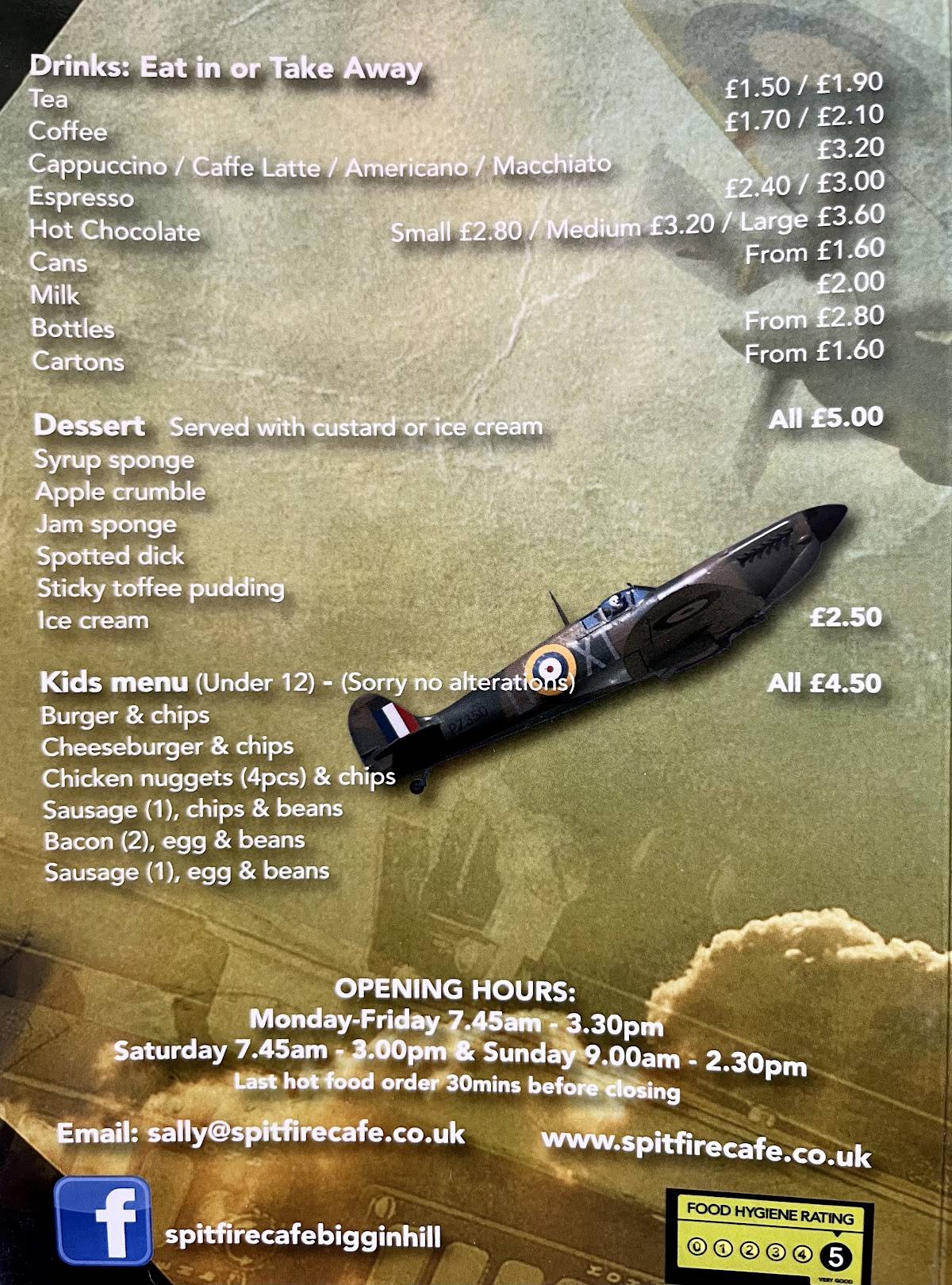 Menu at Spitfire Cafe, Biggin Hill