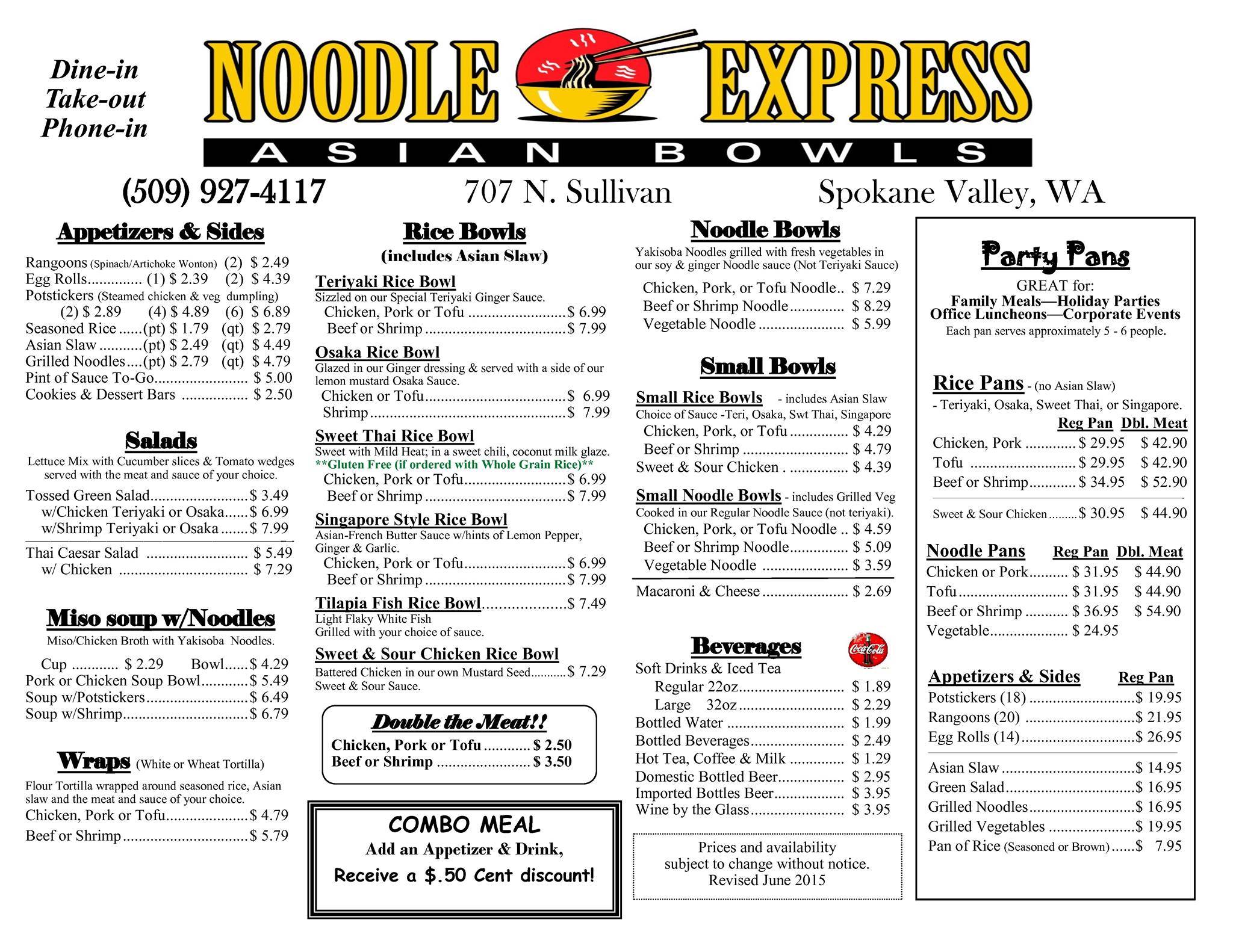 Menu at Noodle Express restaurant, Spokane Valley