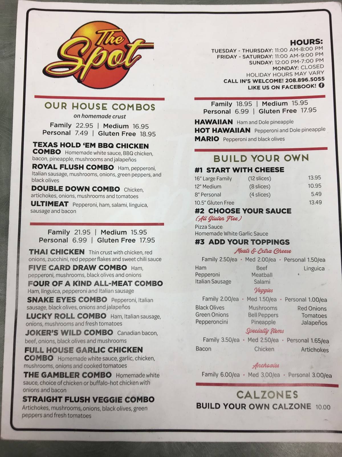 Menu at Spot Pizza pizzeria, Marsing