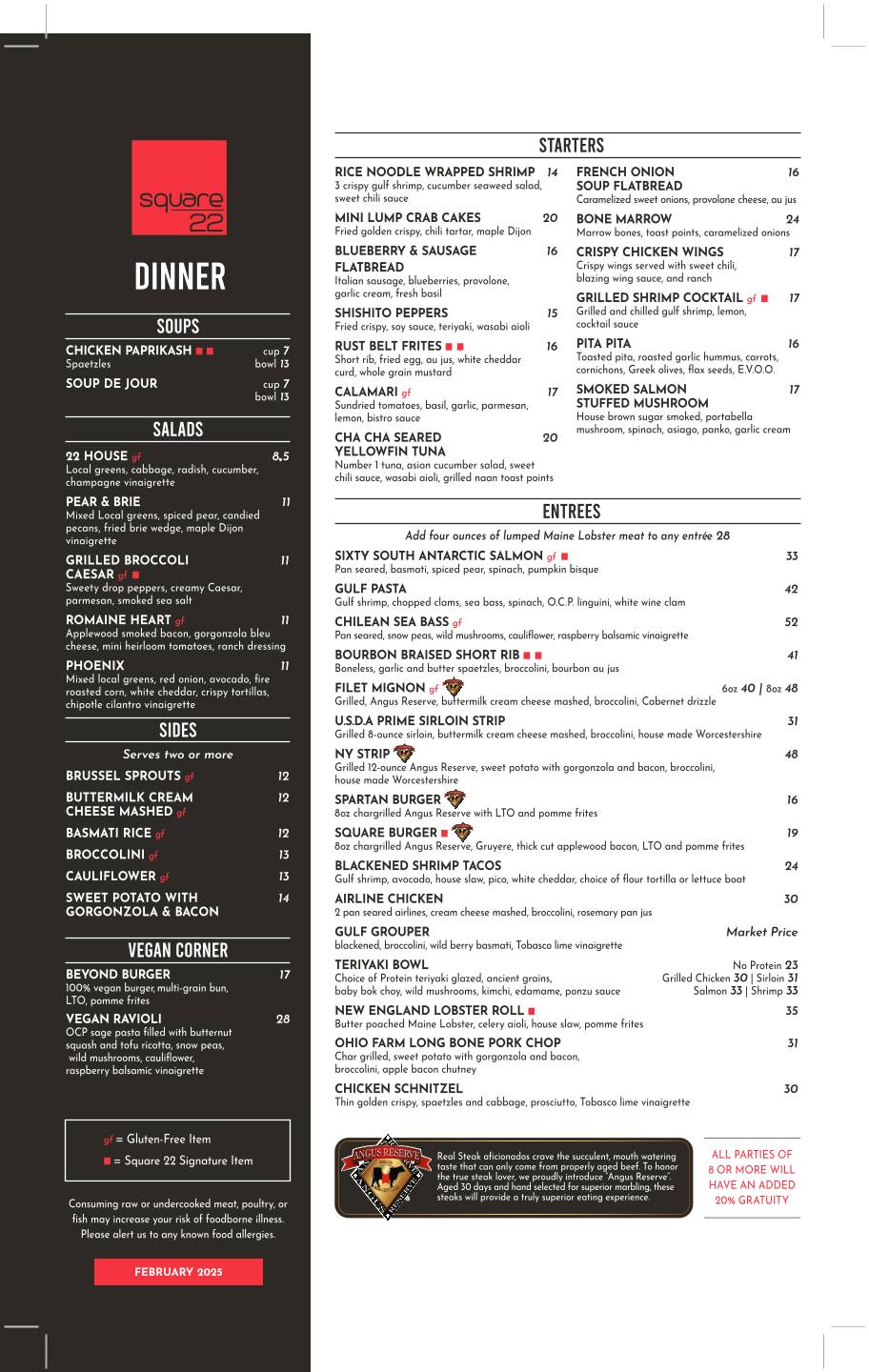 Menu at Square 22 Restaurant and Bar, Strongsville