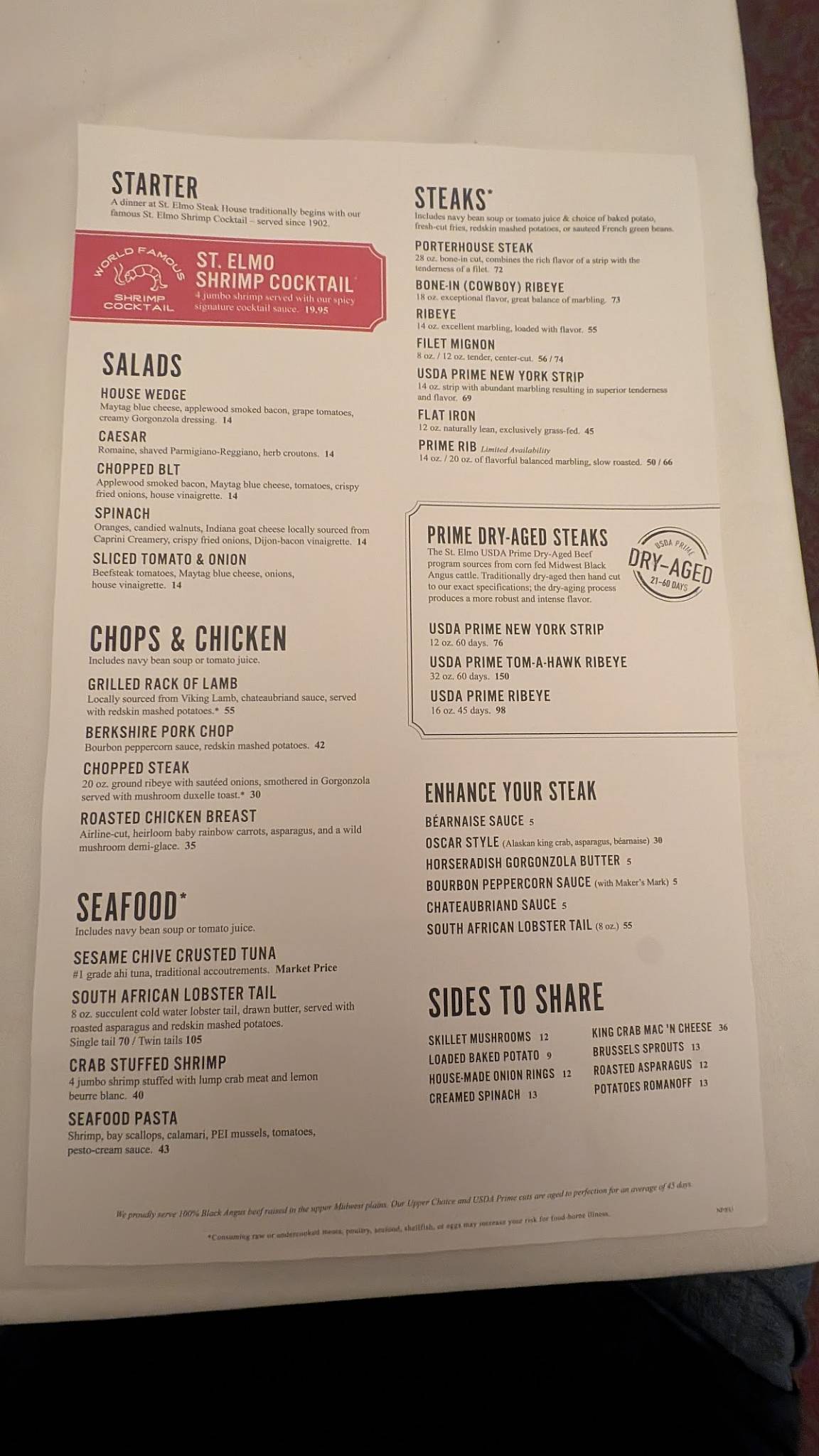 Menu at St. Elmo Steak House steakhouse, Indianapolis