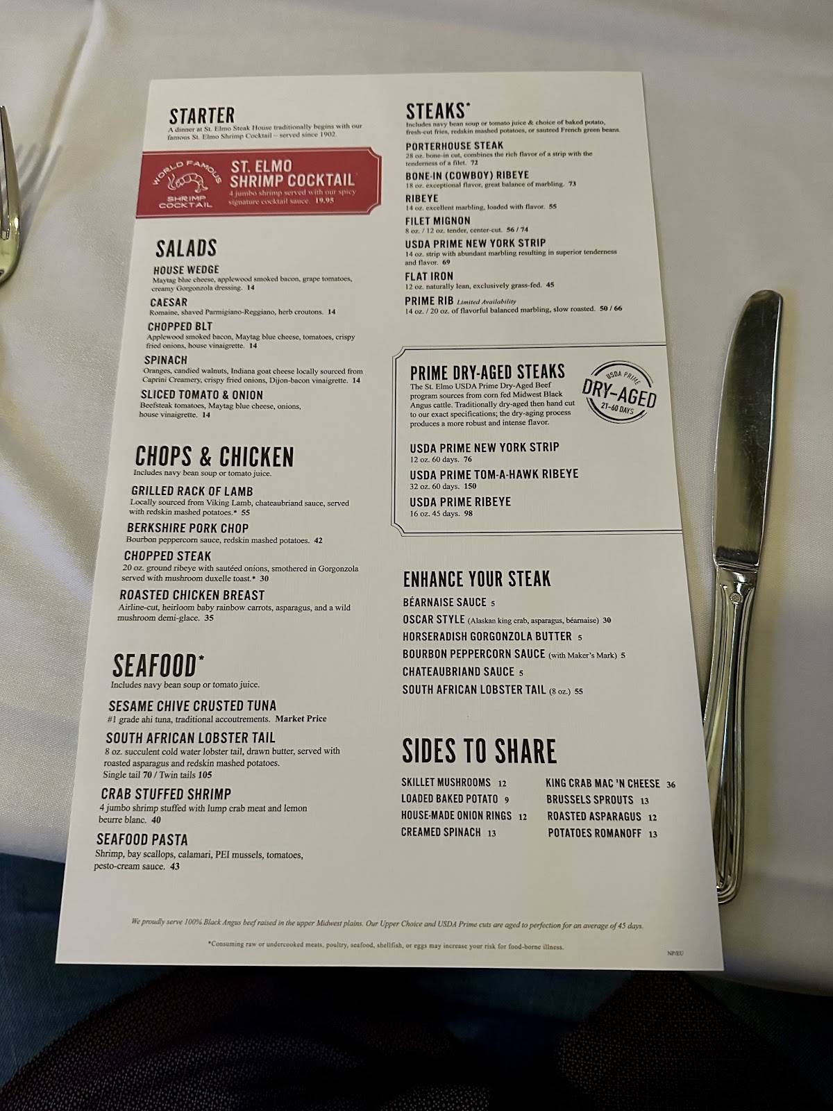 Menu at St. Elmo Steak House steakhouse, Indianapolis